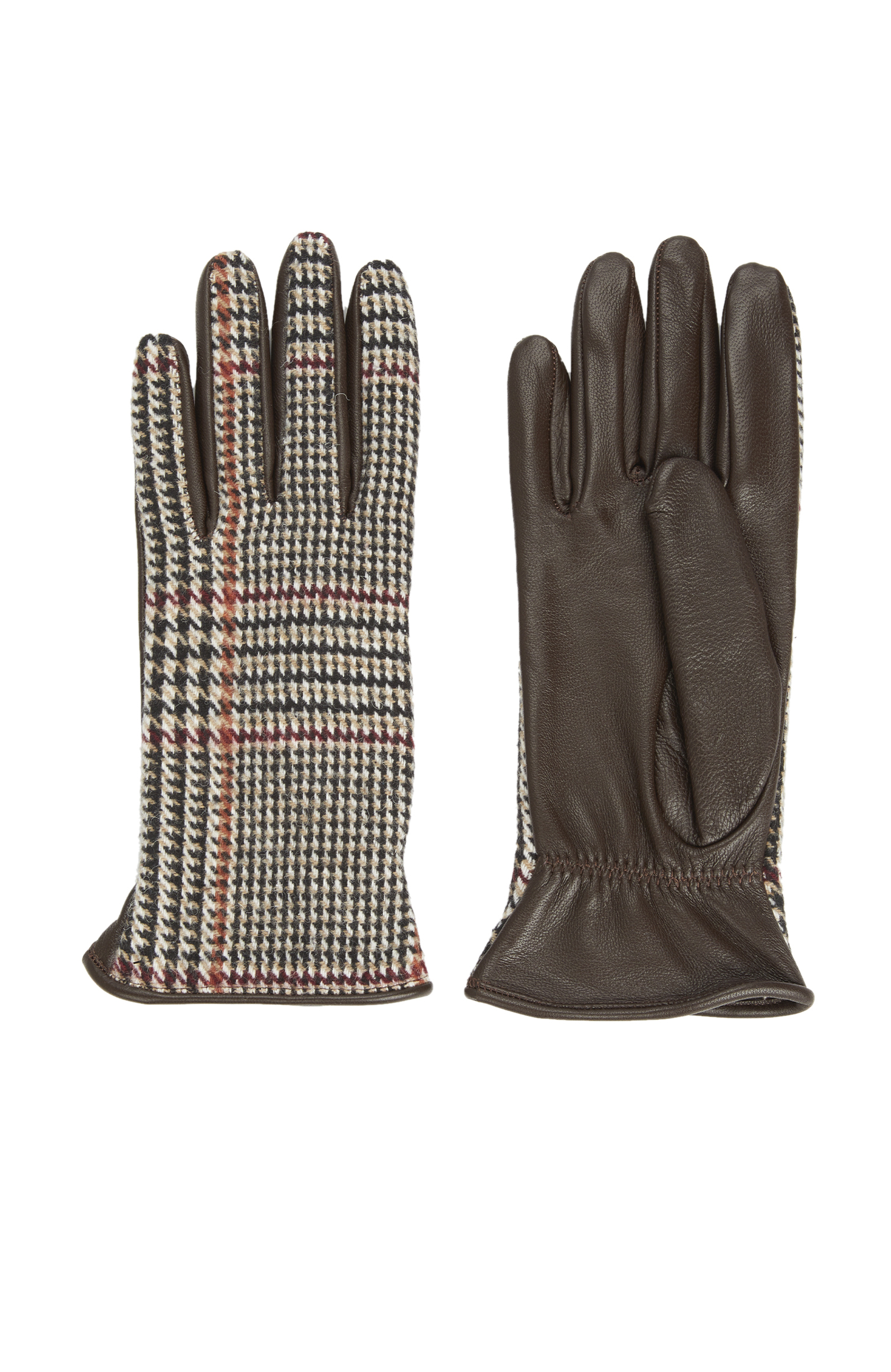 Kahverengi Ekose Desenli Kadın Deri Eldiven