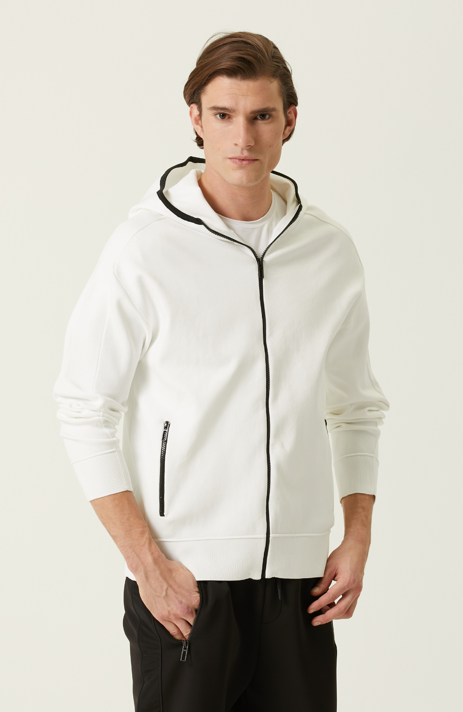 Slim Fit Ekru Kapüşonlu Hırka