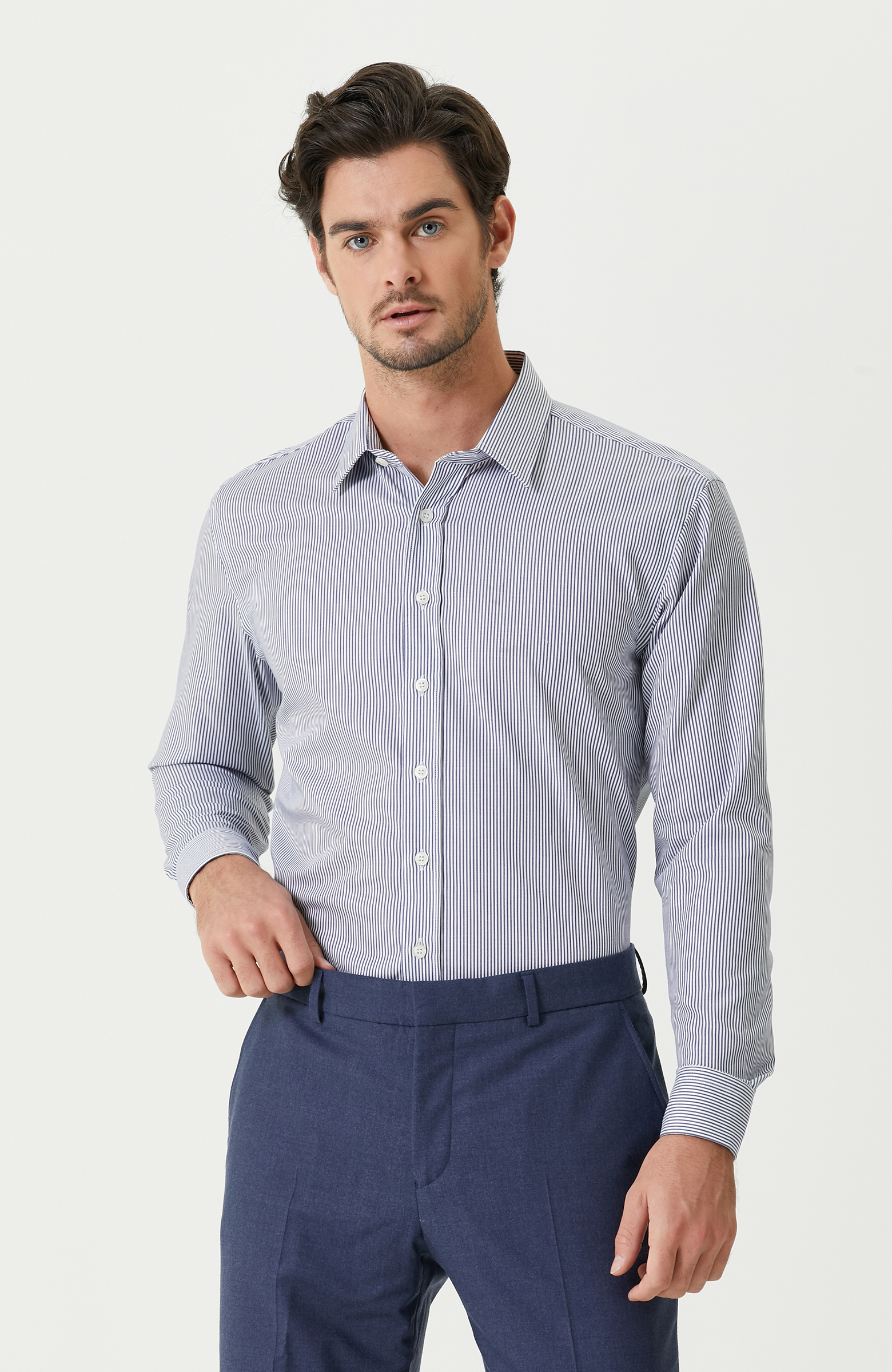 Slim Fit Lacivert Beyaz Gömlek