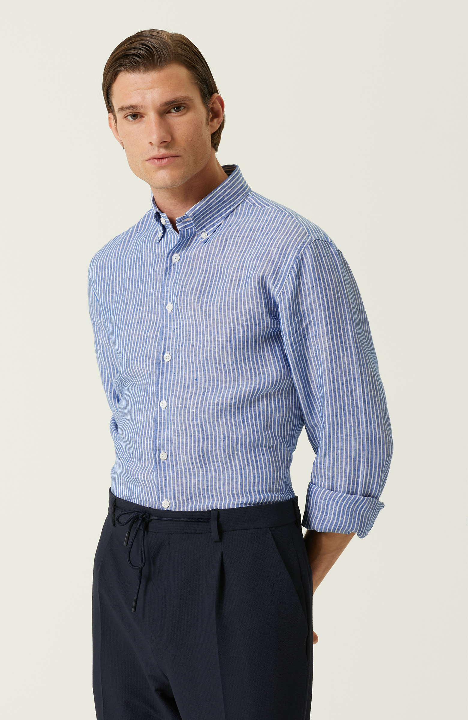 Comfort Fit Mavi Çizgili Keten Gömlek Comfort Fit Mavi Çizgili Keten Gömlek