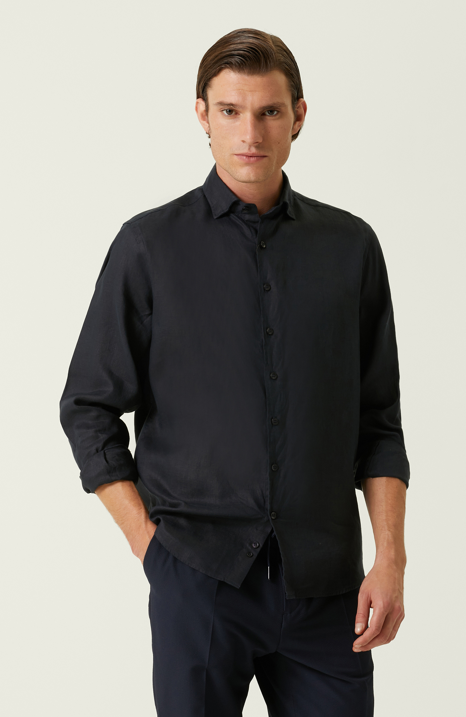 Comfort Fit Lacivert Keten Gömlek