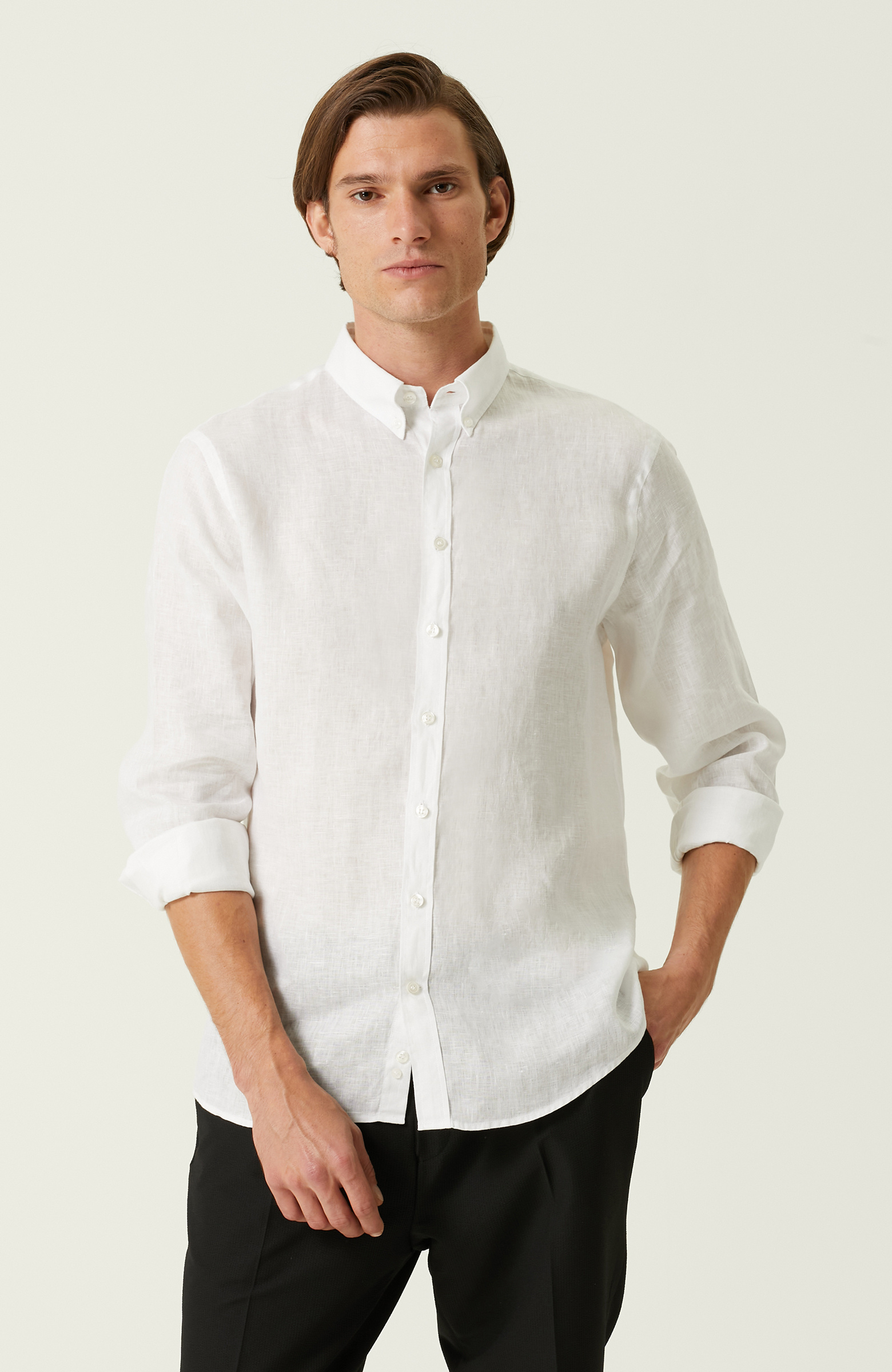 Comfort Fit Beyaz Keten Gömlek