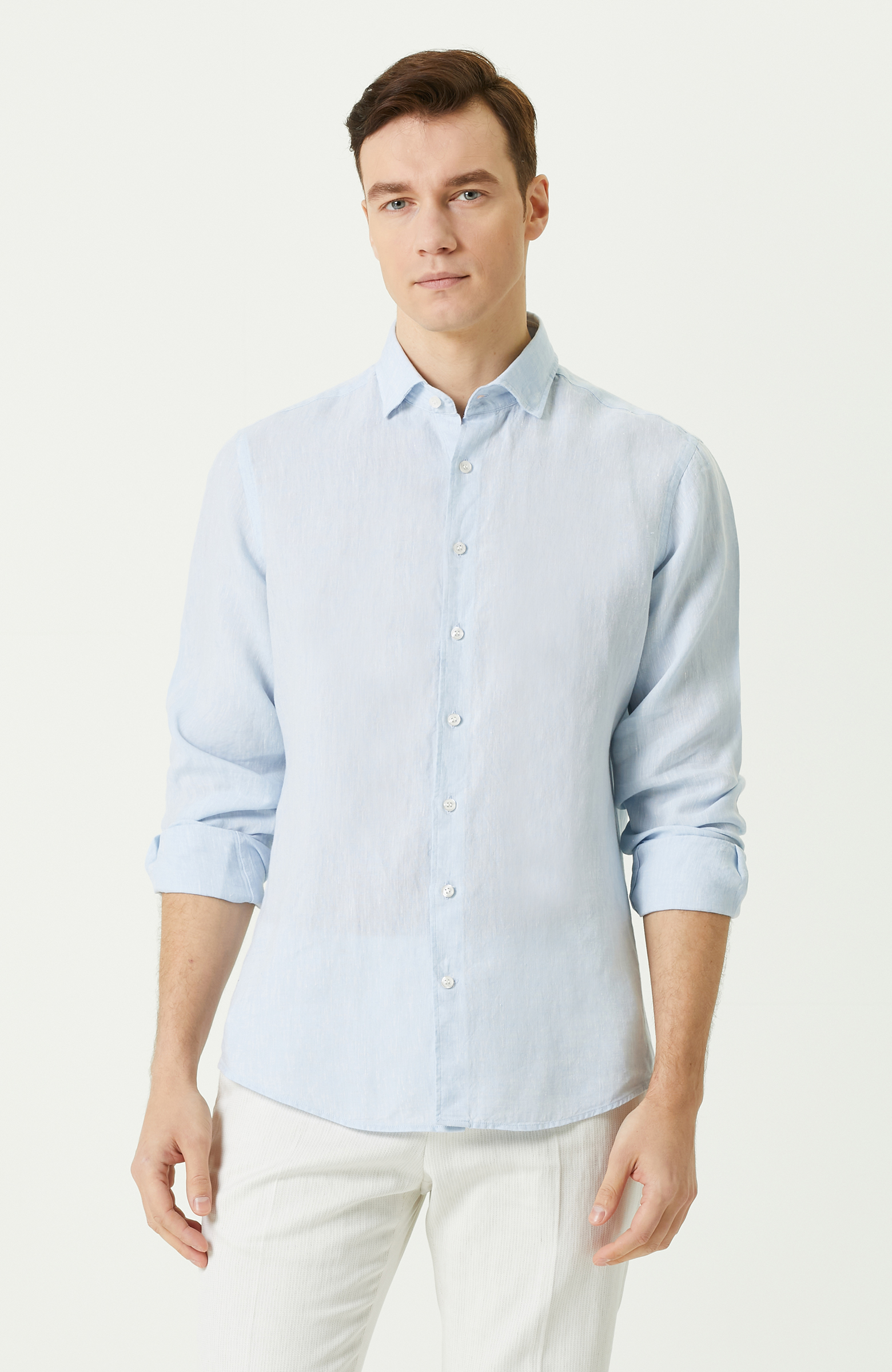 Comfort Fit Açık Mavi Keten Gömlek Comfort Fit Açık Mavi Keten Gömlek