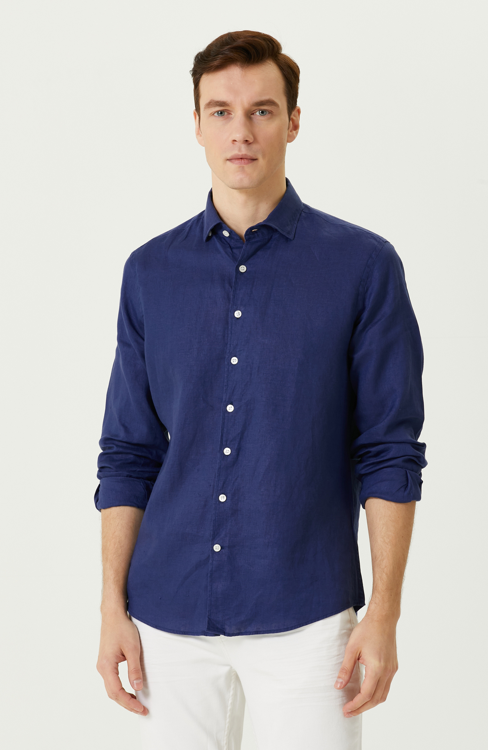 Comfort Fit İndigo Keten Gömlek