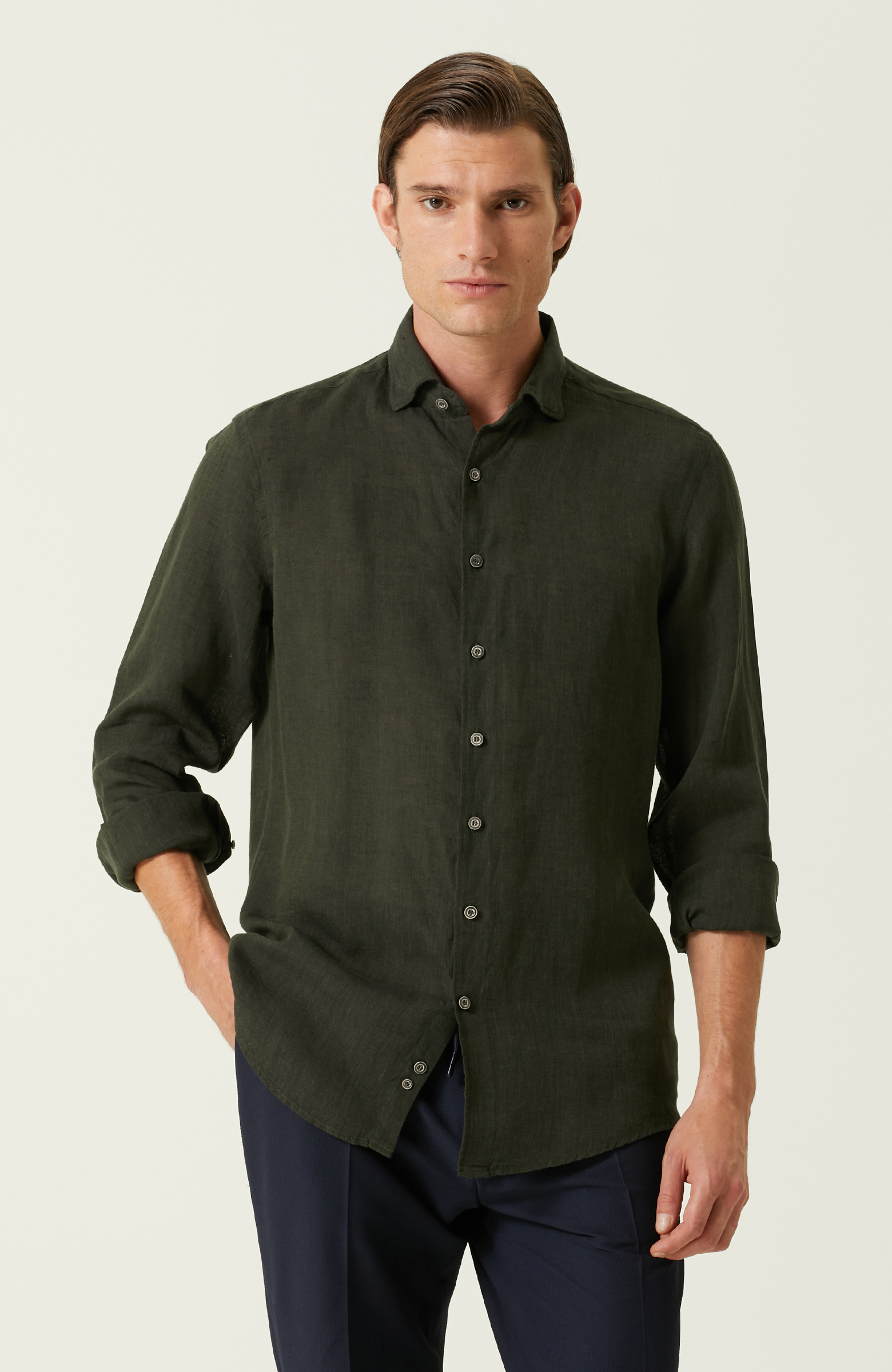 Comfort Fit Haki Keten Gömlek Comfort Fit Haki Keten Gömlek