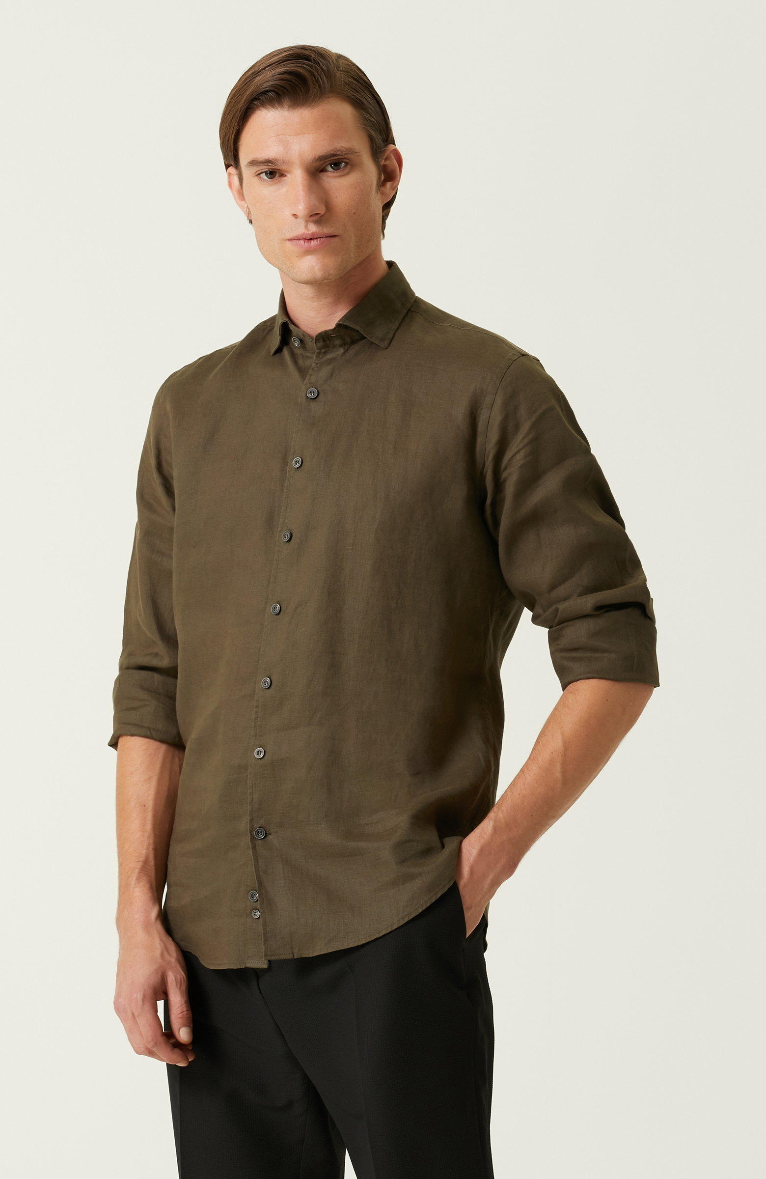 Comfort Fit Haki Keten Gömlek
