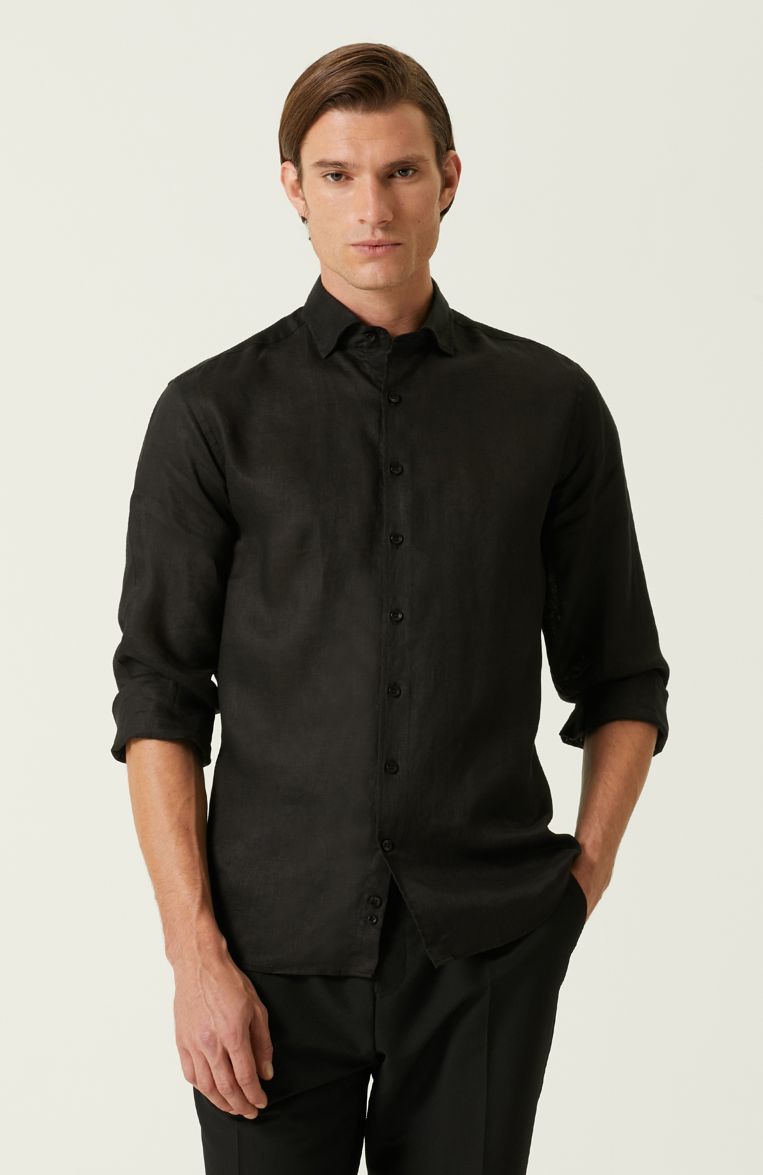 Comfort Fit Siyah Keten Gömlek