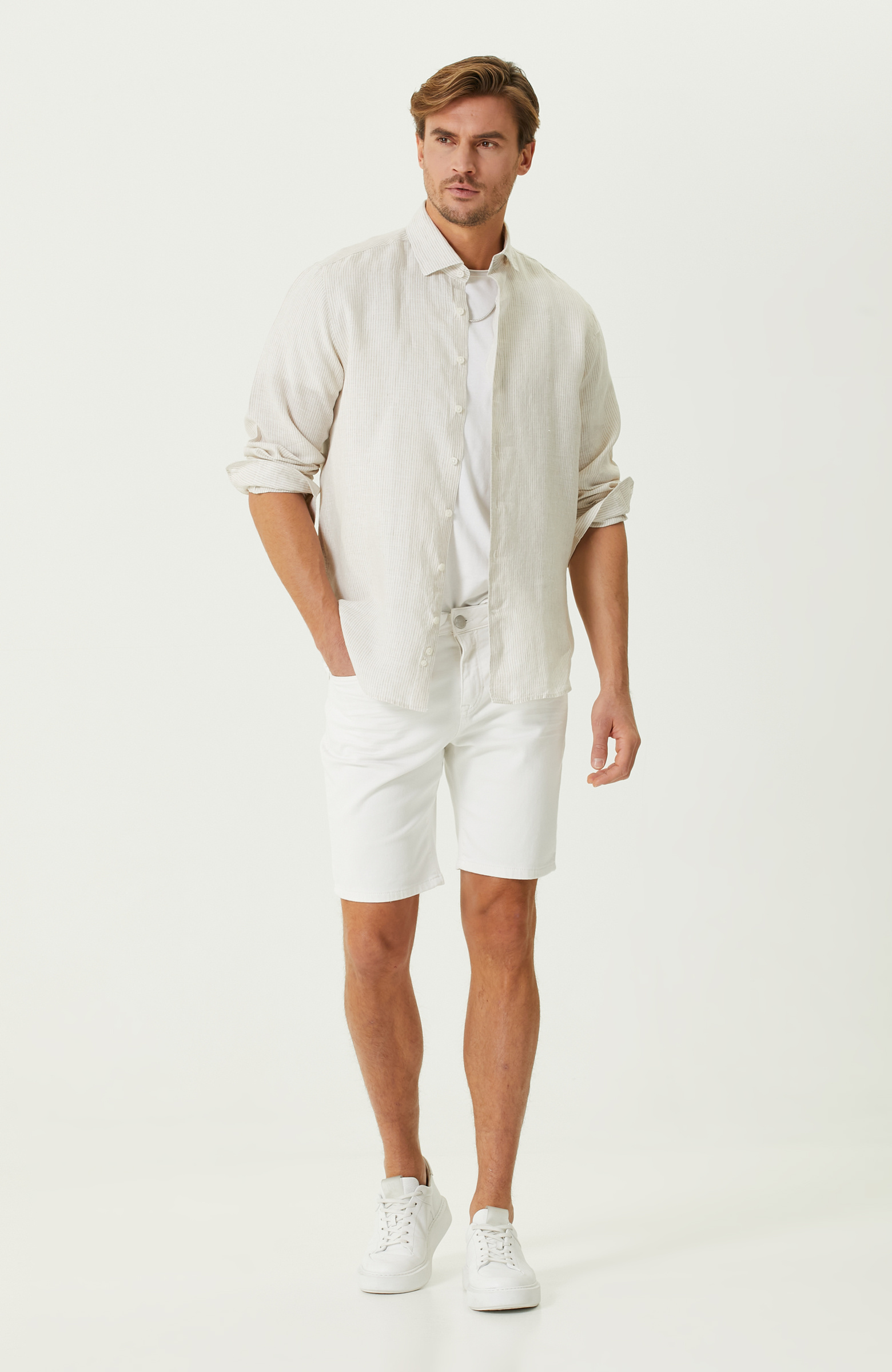 Slim Fit Ekru Denim Şort