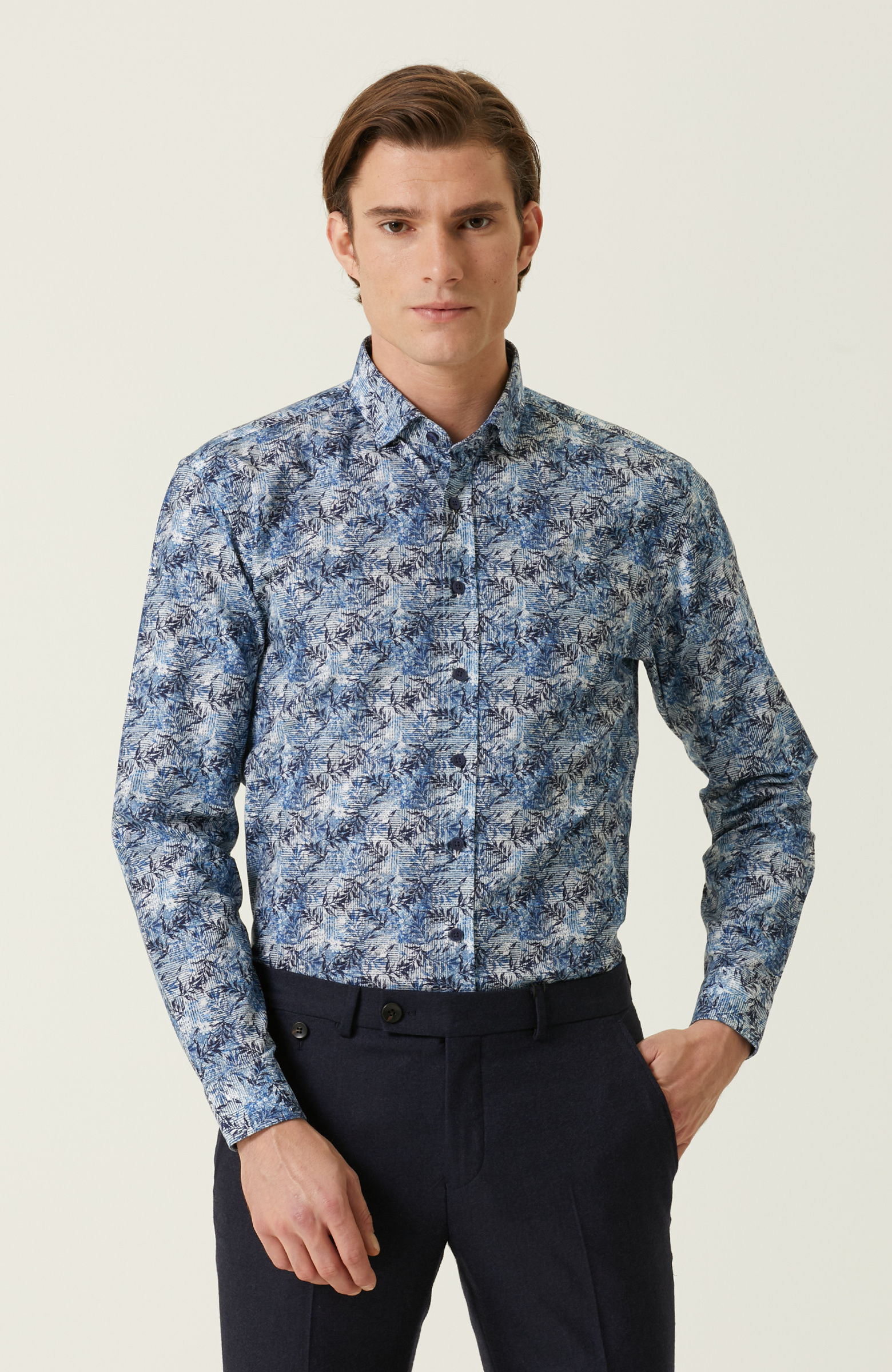 Slim Fit Mavi Desenli Gömlek
