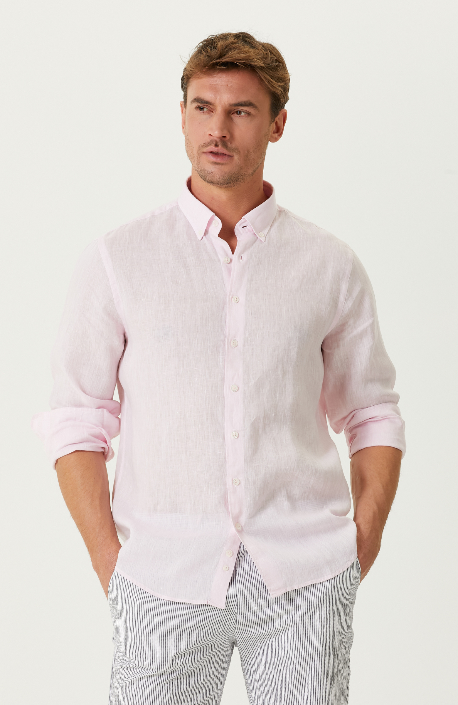 Comfort Fit Pembe Keten Gömlek