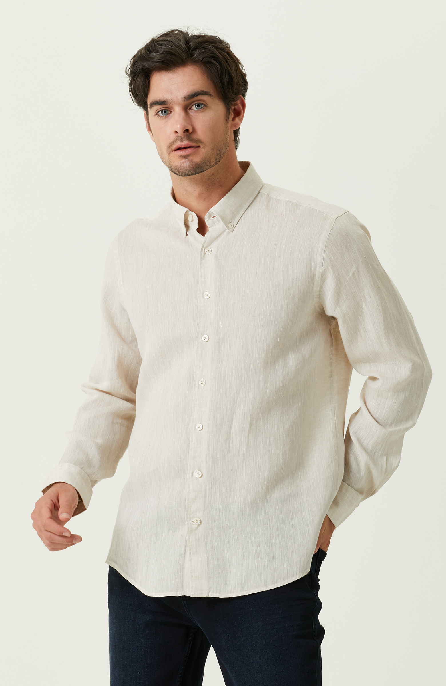 Comfort Fit Bej Keten Gömlek