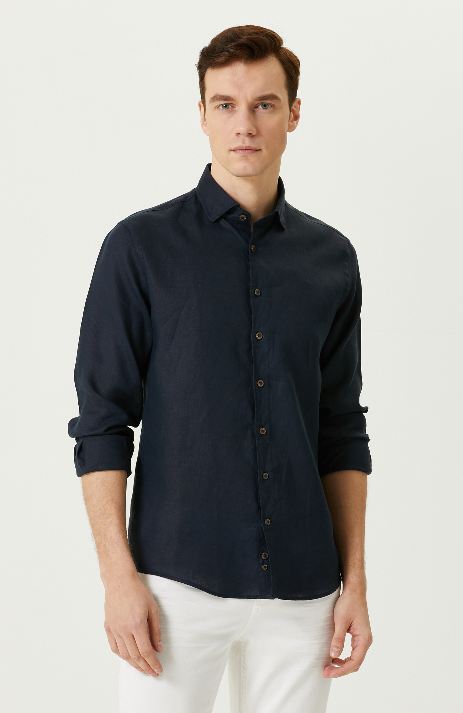 Comfort Fit Lacivert Keten Gömlek