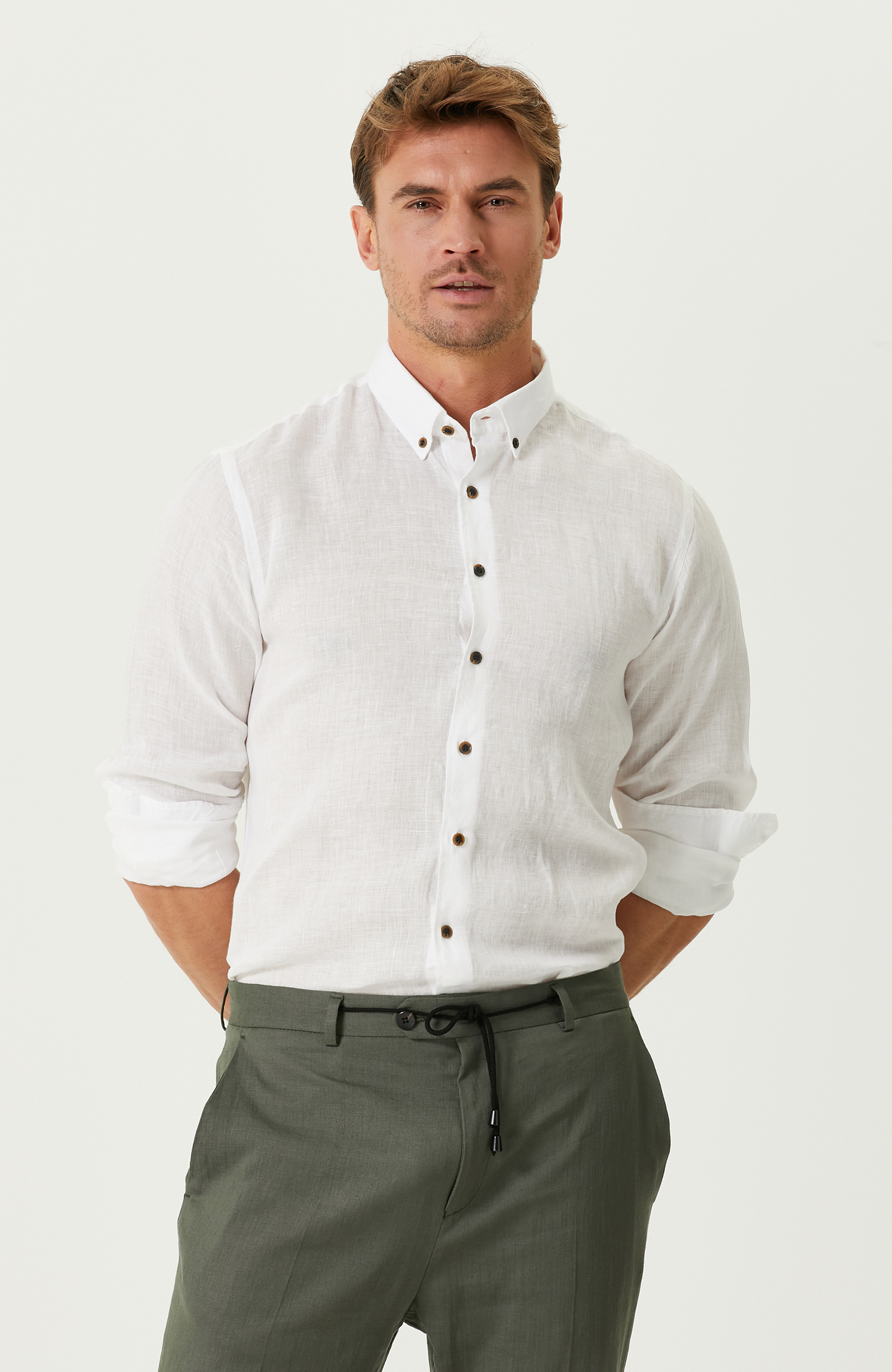 Comfort Fit Beyaz Keten Gömlek