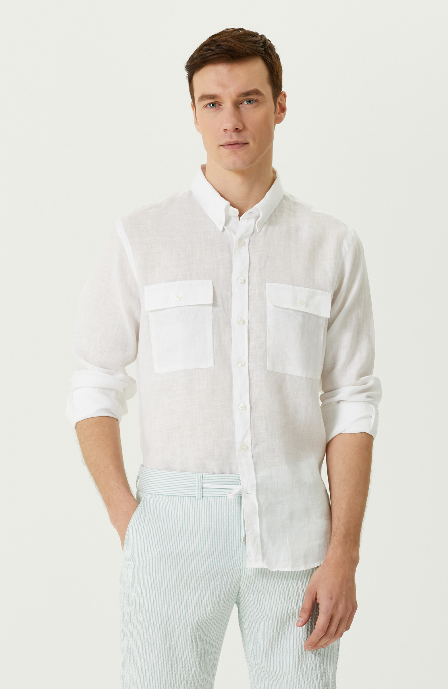 Comfort Fit Beyaz Keten Gömlek