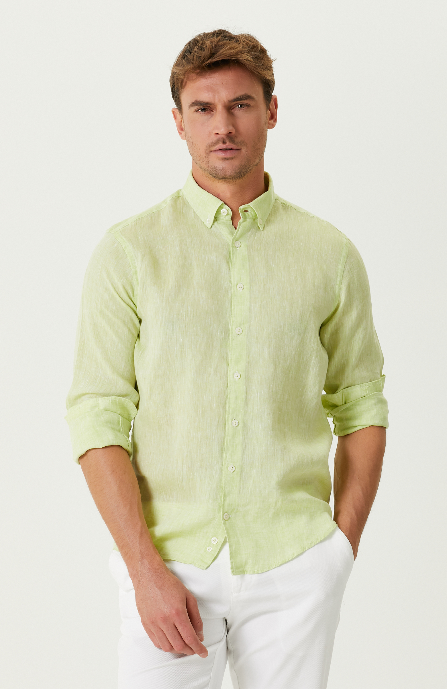 Comfort Fit Fıstık Yeşili Keten Gömlek