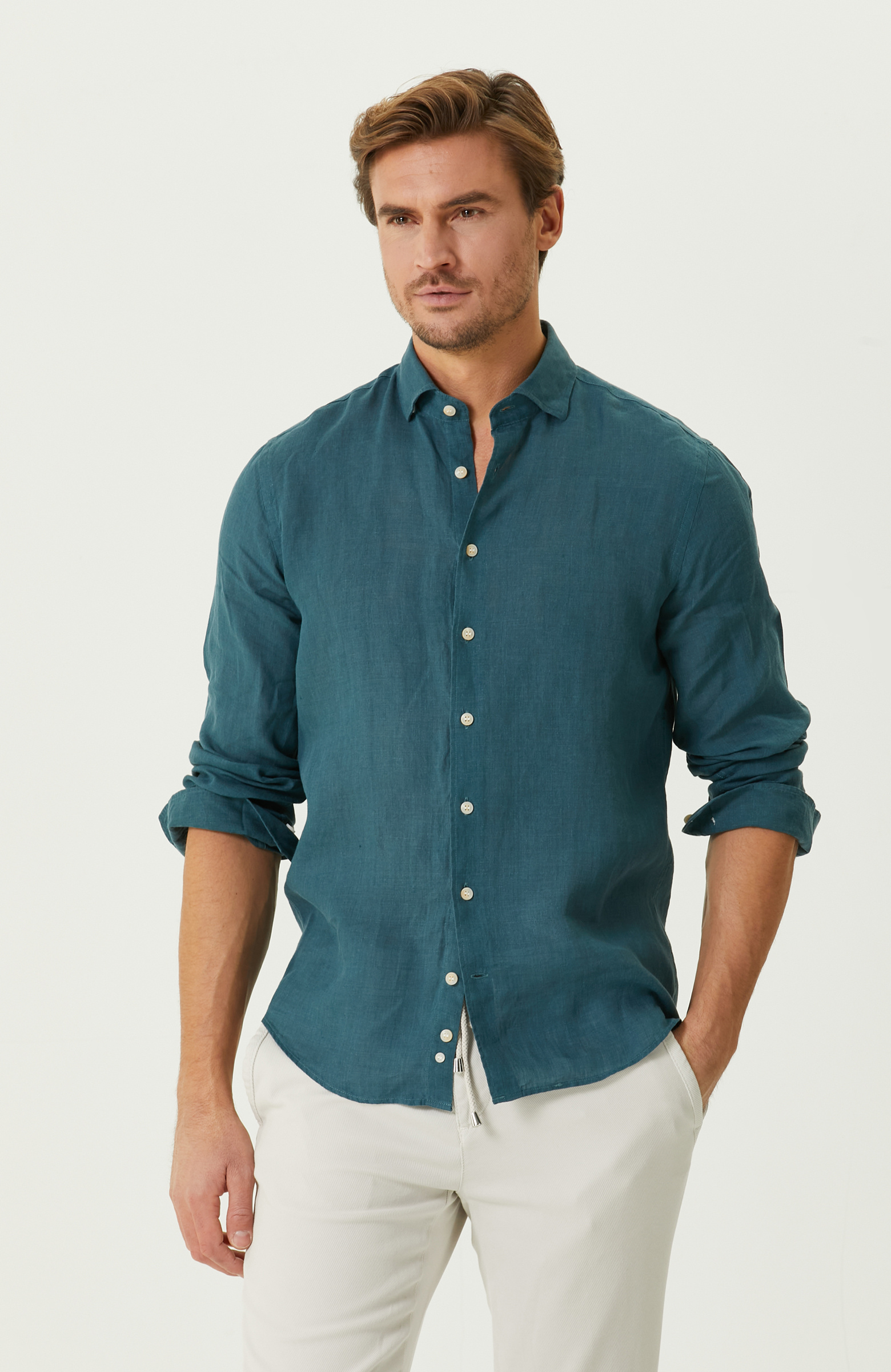 Comfort Fit Yeşil Keten Gömlek