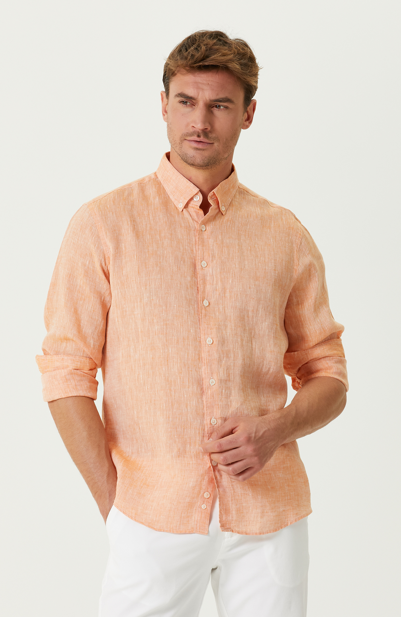 Comfort Fit Turuncu Keten Gömlek