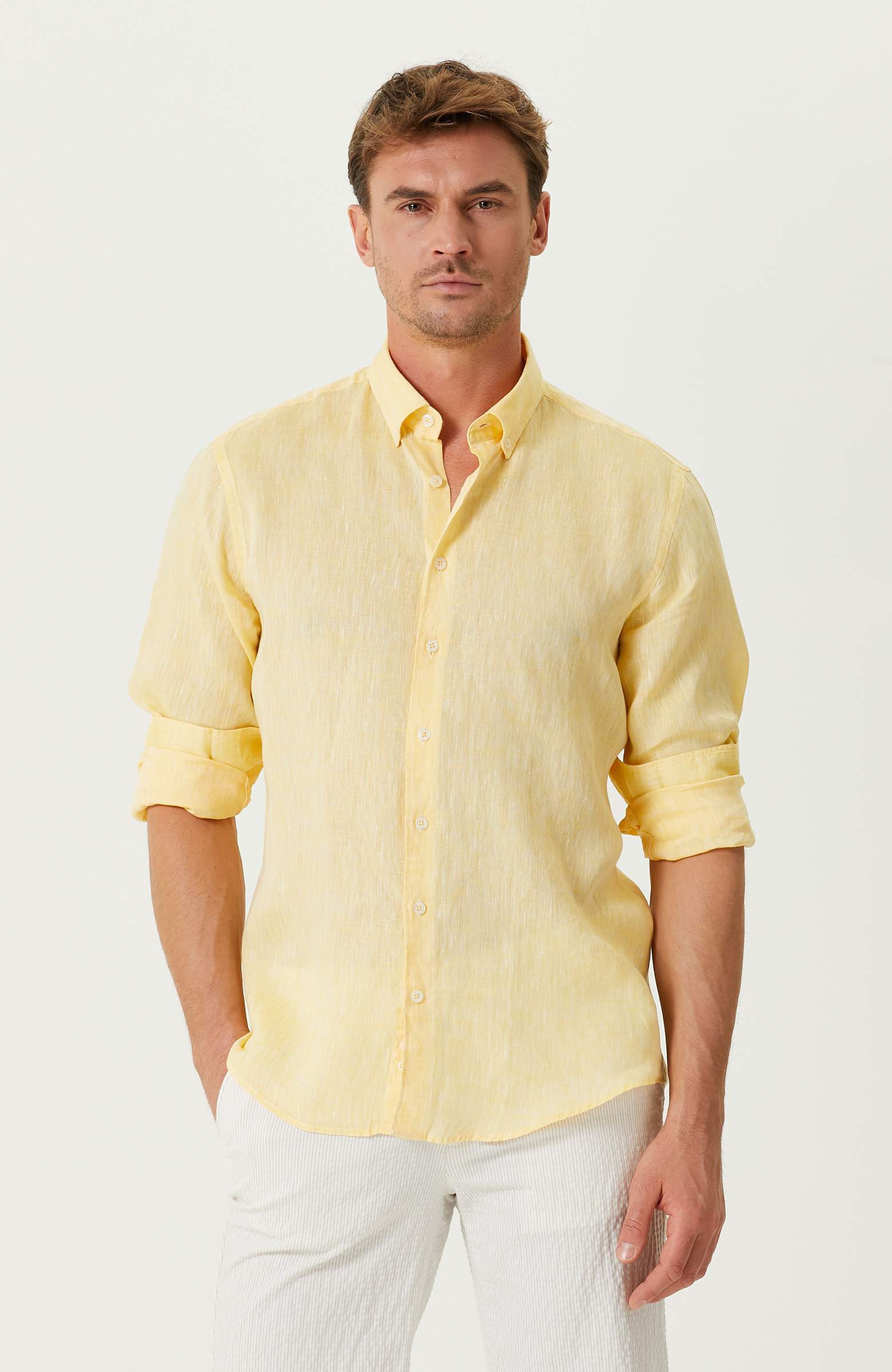 Comfort Fit Sarı Keten Gömlek