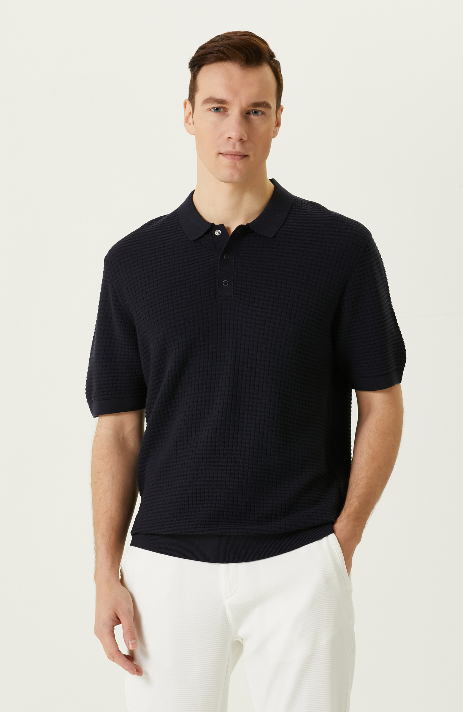 Lacivert Polo Yaka Dokulu Kazak