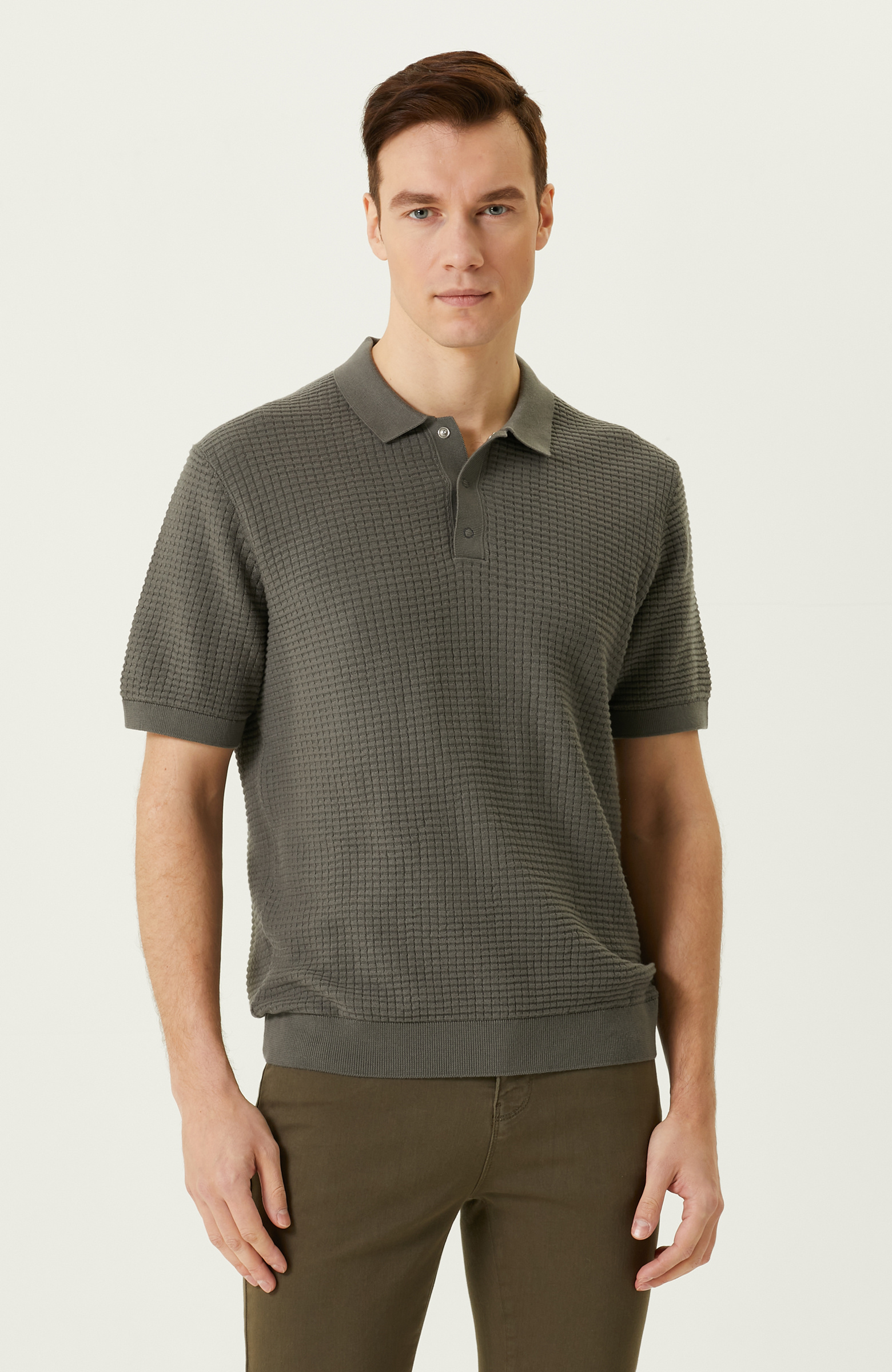 Haki Polo Yaka Dokulu Kazak