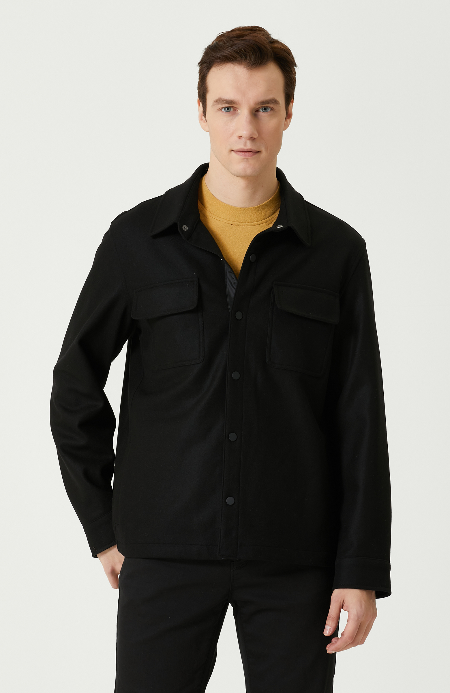 Comfort Fit Siyah Yün Dış Gömlek