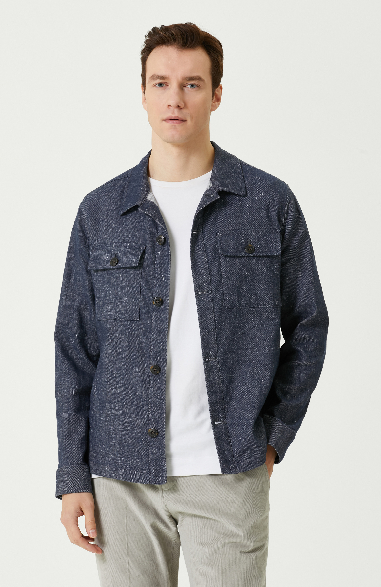 Slim Fit Lacivert Keten Dış Gömlek