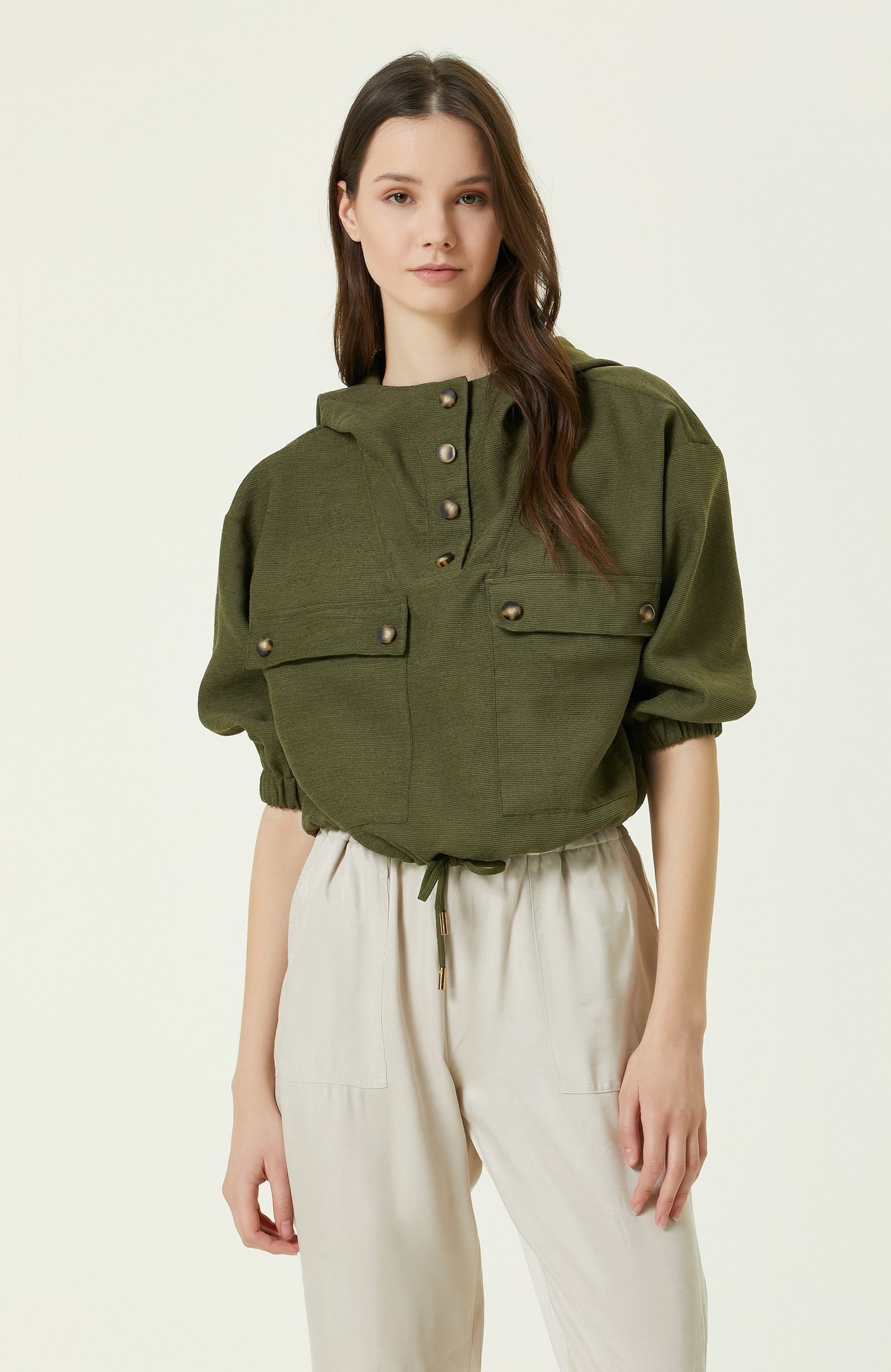 Haki Kapüşonlu Sweatshirt