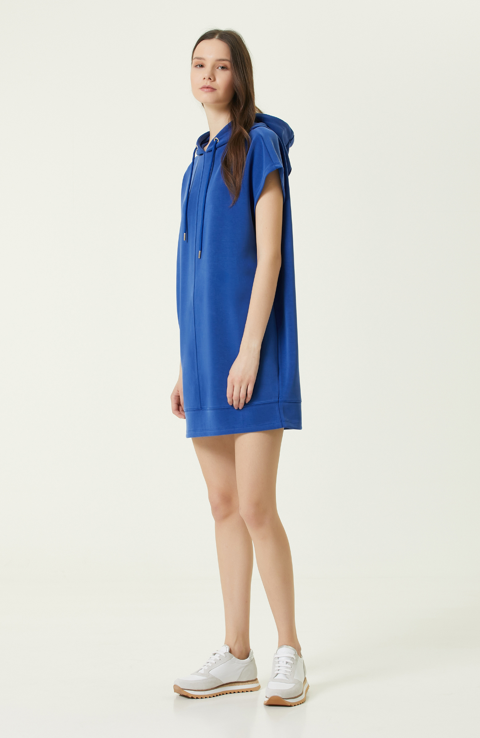 Saks Kapüşonlu Mini Elbise Saks Kapüşonlu Mini Elbise