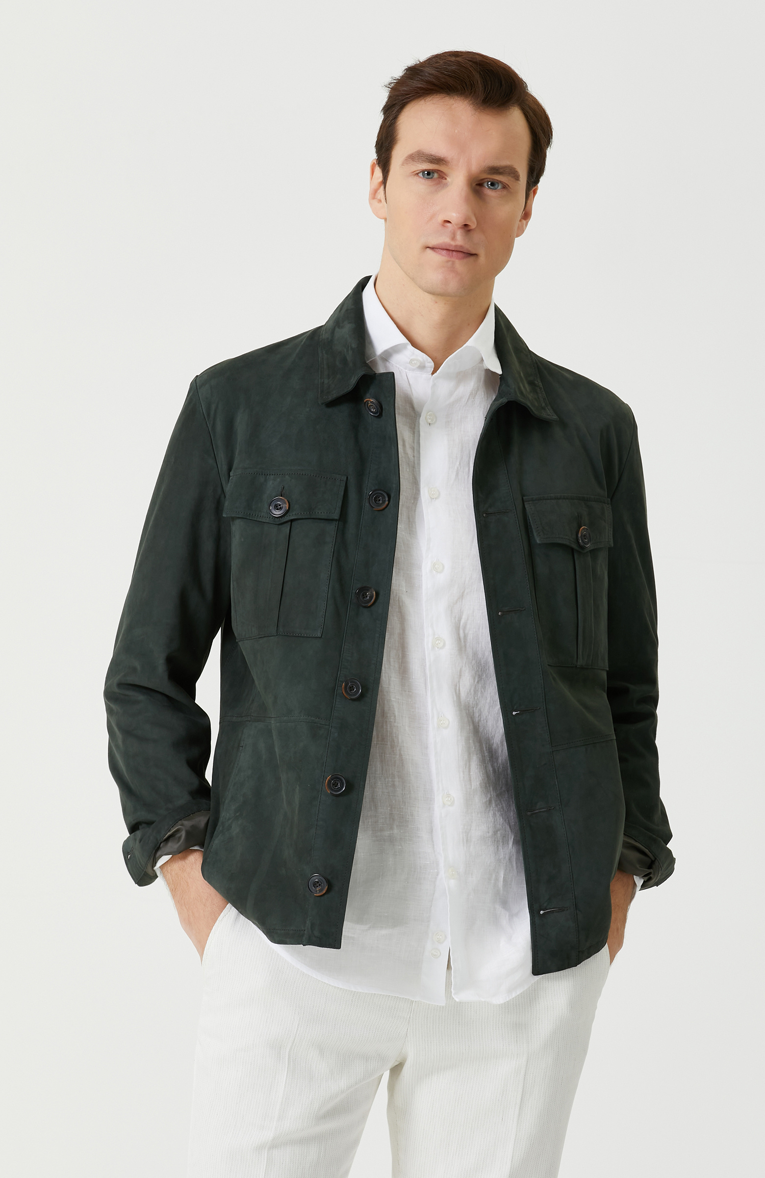 Slim Fit Haki Süet Gömlek