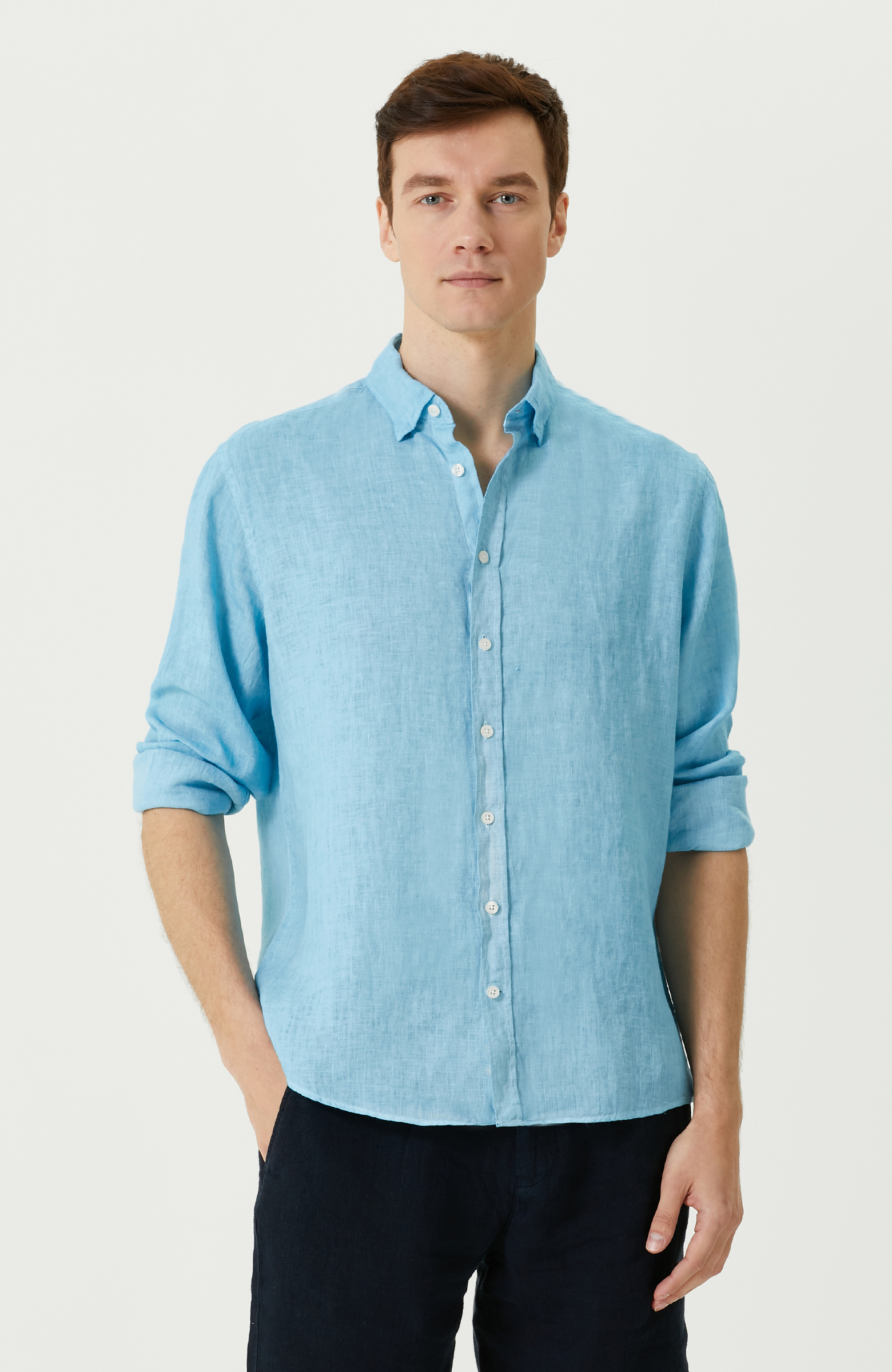 Comfort Fit Mavi Keten Gömlek Comfort Fit Mavi Keten Gömlek