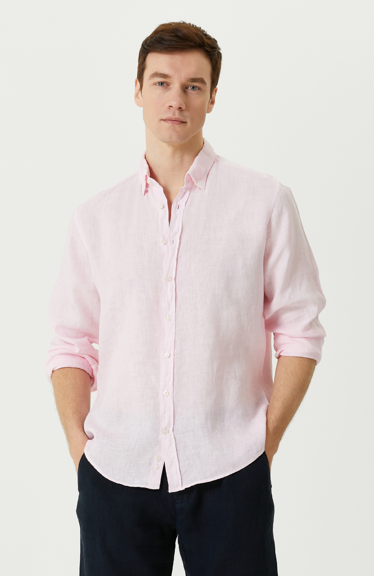 Comfort Fit Pembe Keten Gömlek Comfort Fit Pembe Keten Gömlek