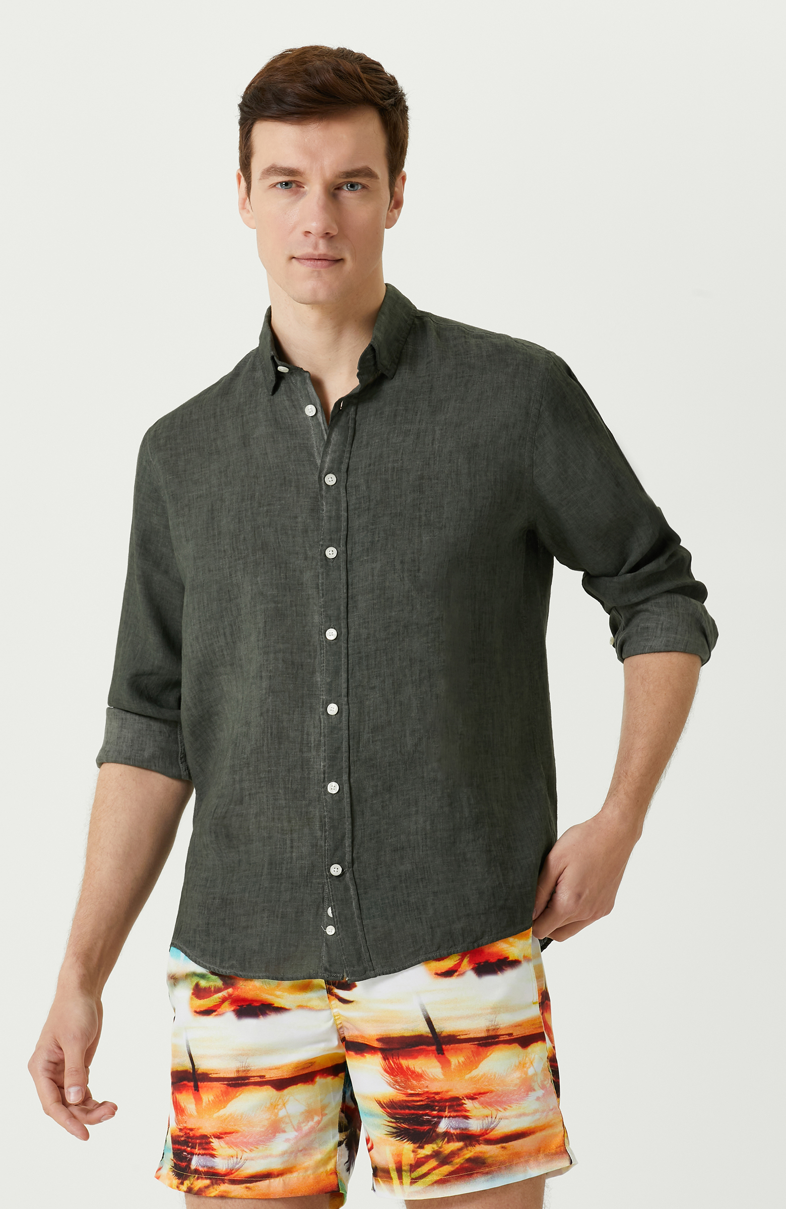 Comfort Fit Haki Keten Gömlek Comfort Fit Haki Keten Gömlek