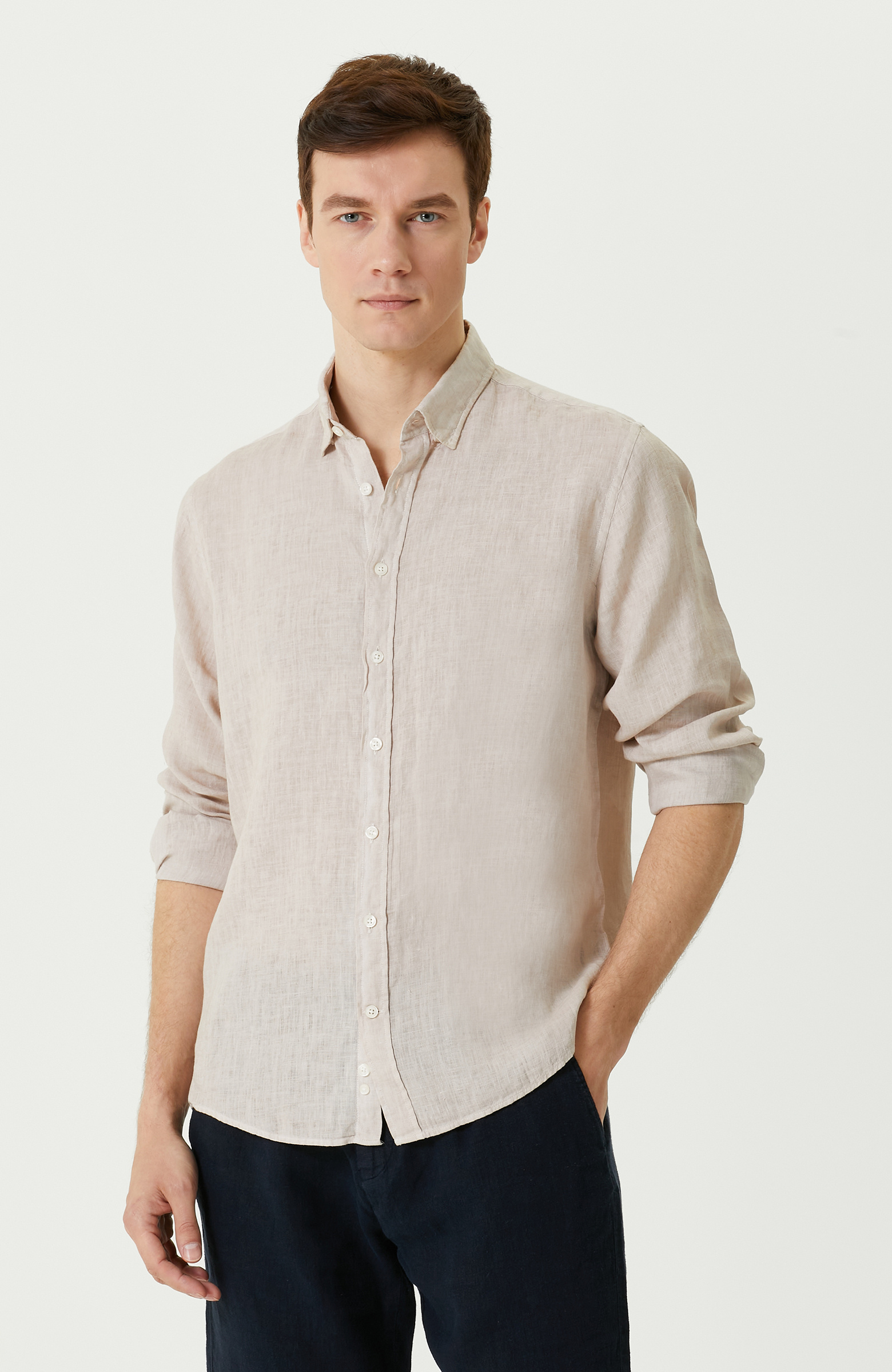 Comfort Fit Bej Keten Gömlek Comfort Fit Bej Keten Gömlek