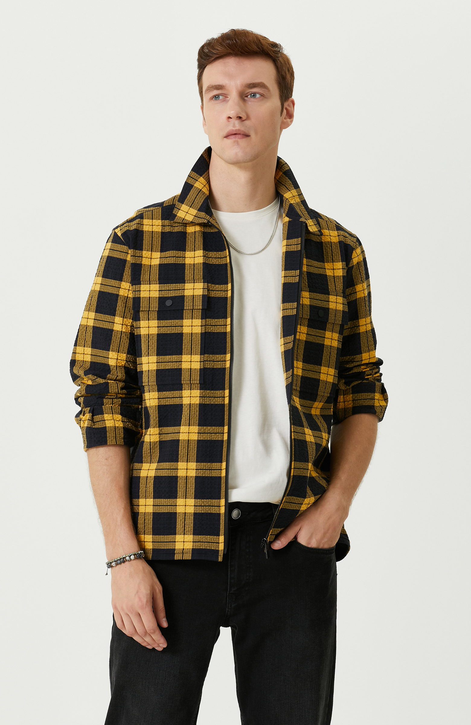 Comfort Fit Siyah Sarı Dış Gömlek