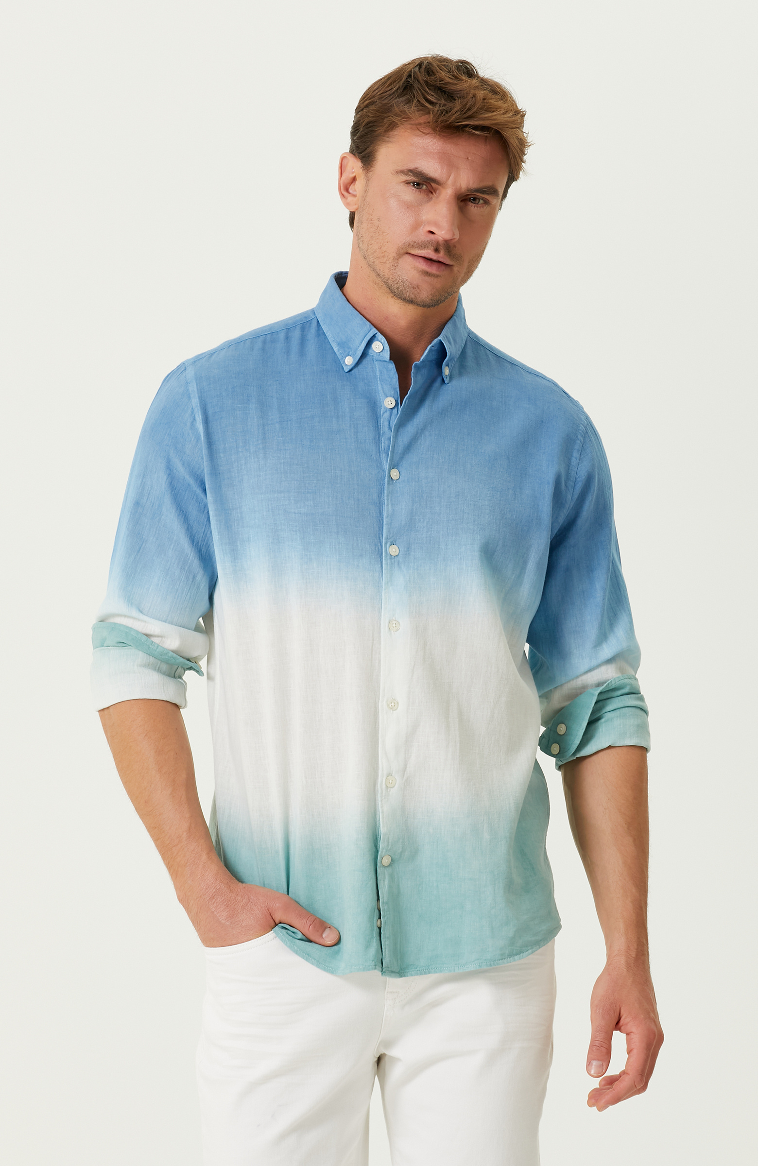 Comfort Fit Mavi Keten Gömlek