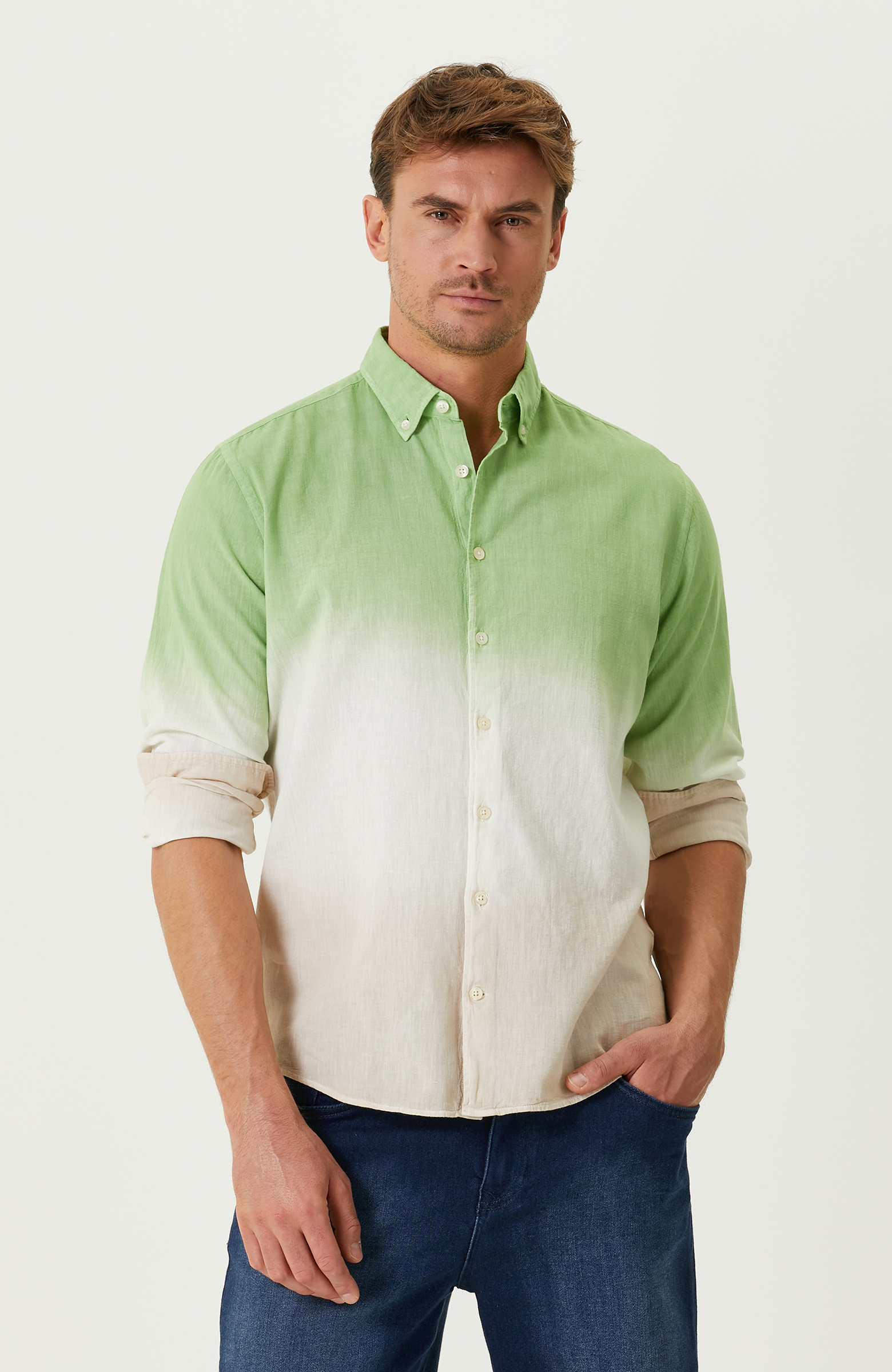 Comfort Fit Yeşil Keten Gömlek