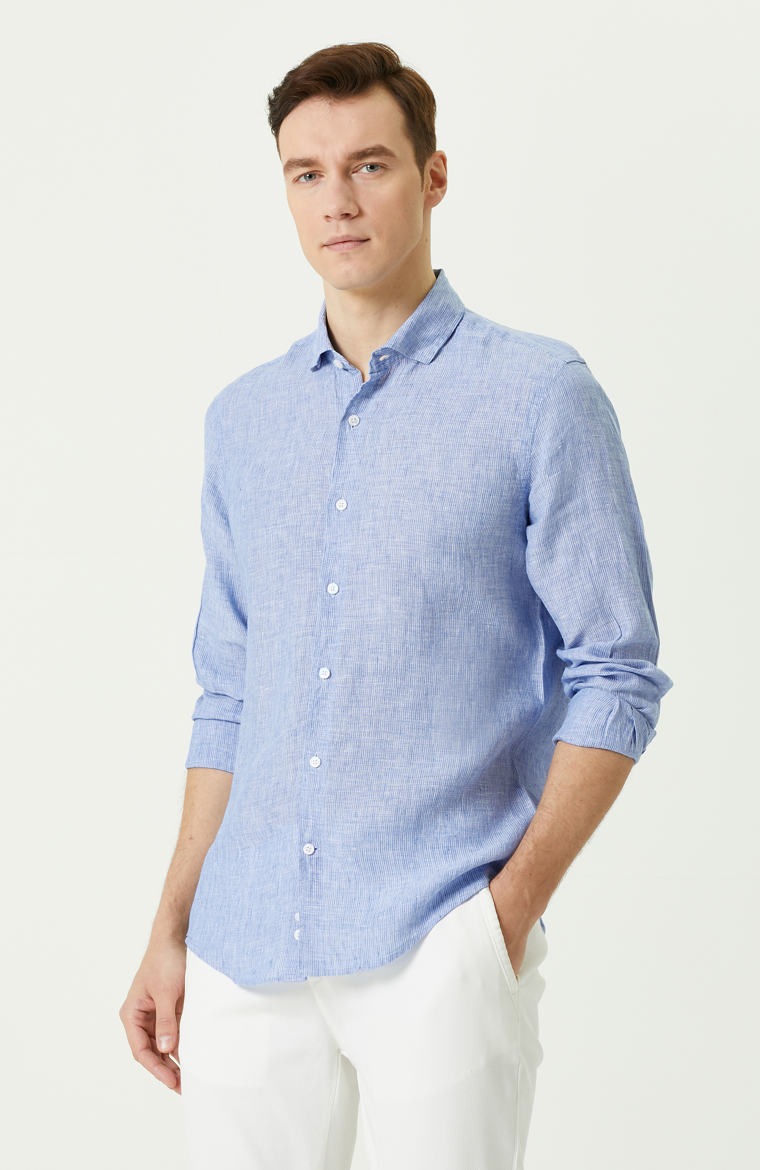 Comfort Fit Mavi Keten Gömlek