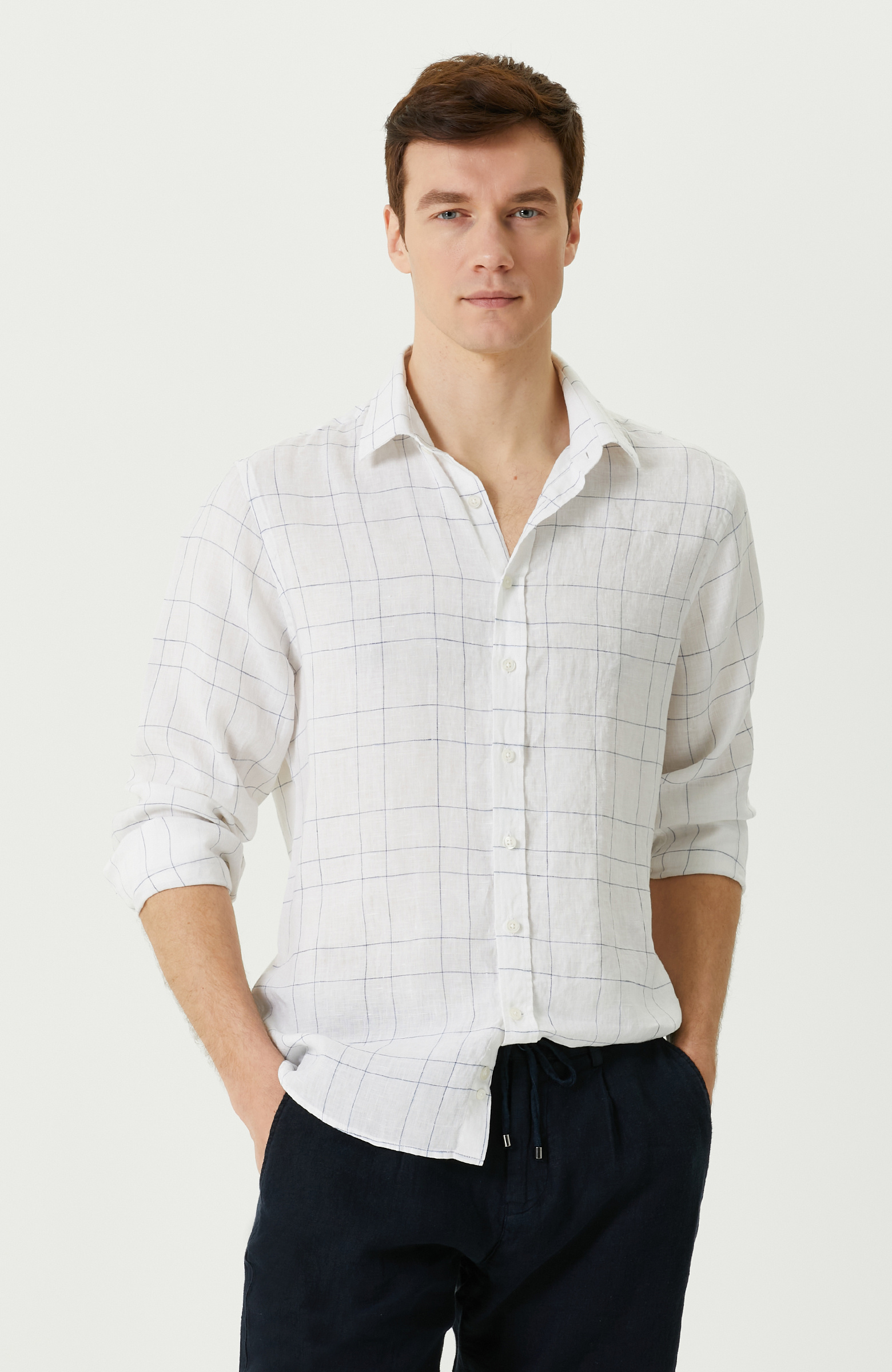 Comfort Fit Beyaz Keten Gömlek