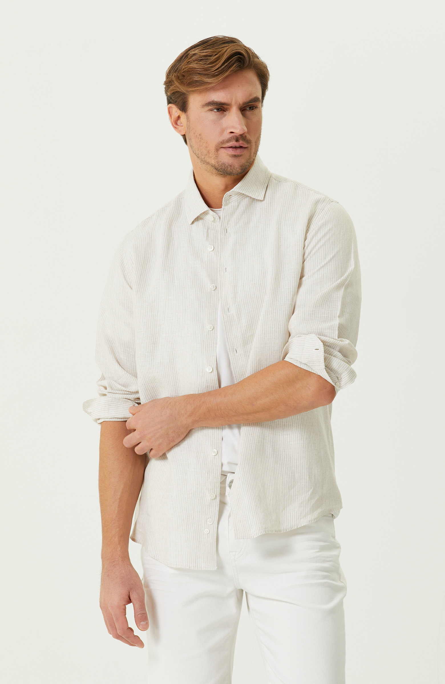 Comfort Fit Bej Çizgili Keten Gömlek