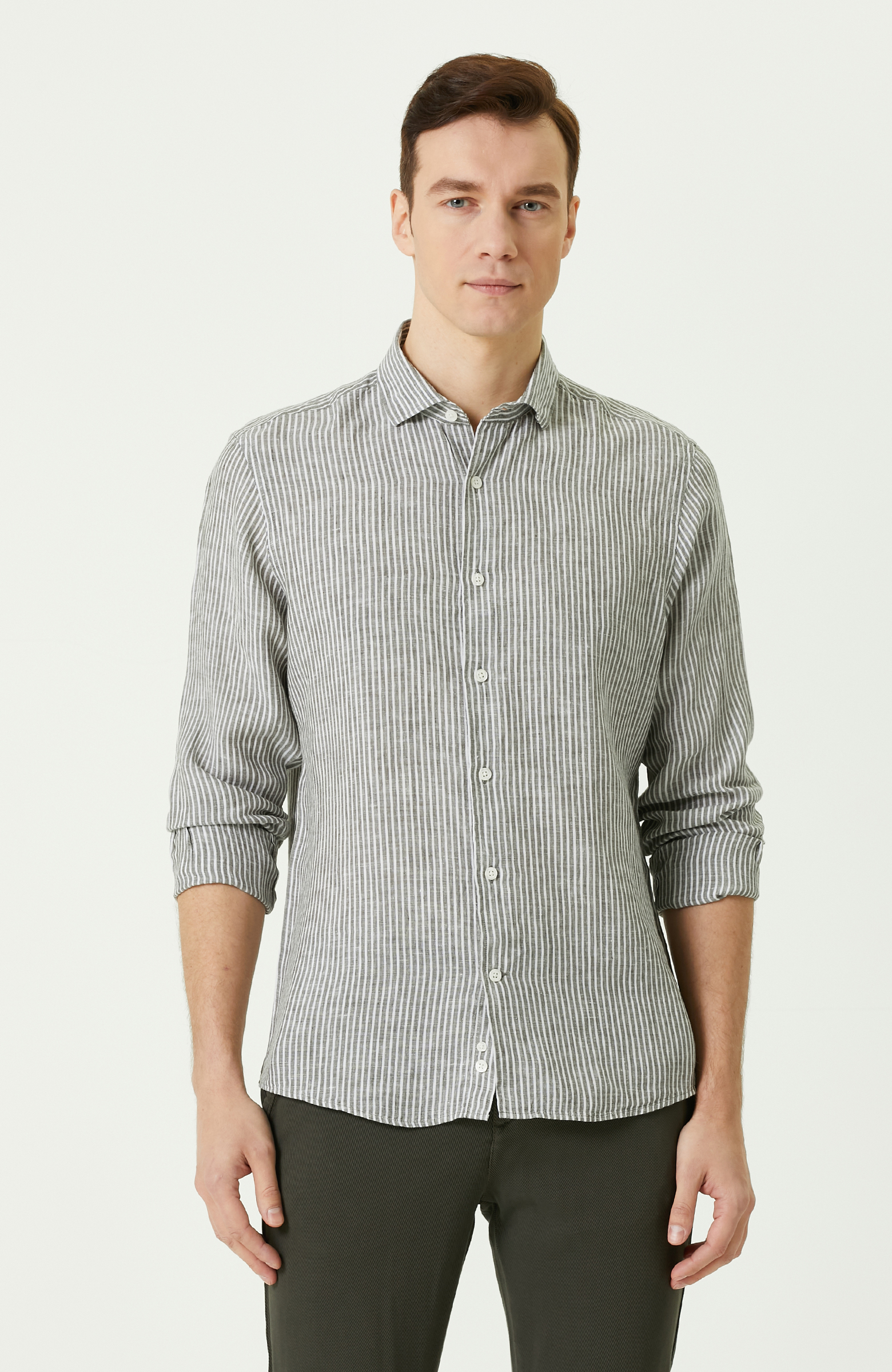 Comfort Fit Haki Keten Gömlek