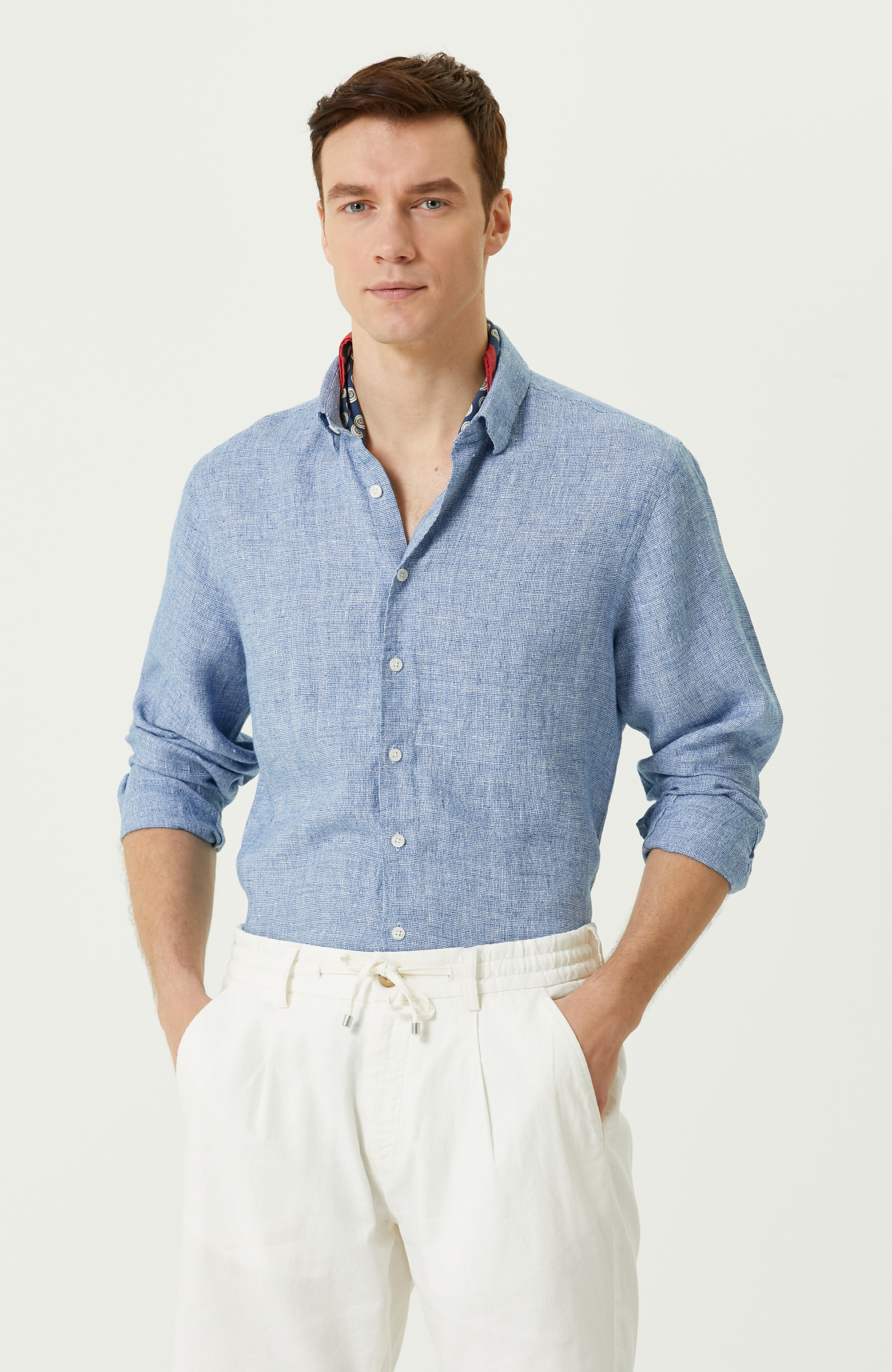 Comfort Fit Mavi Keten Gömlek