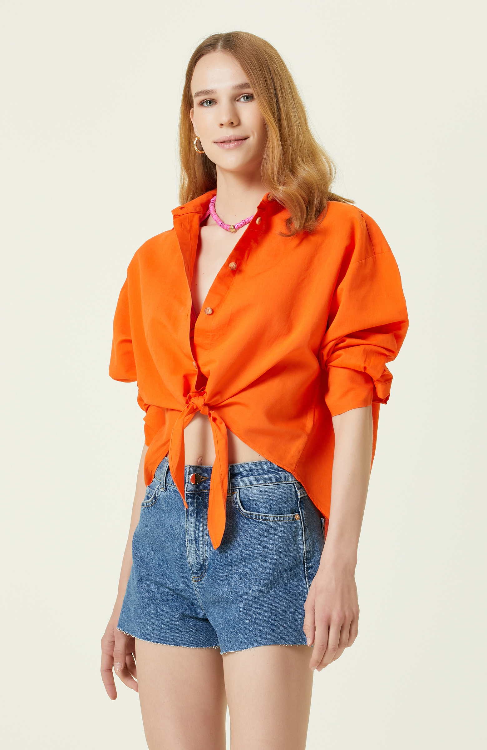 Slim Fit Turuncu Keten Gömlek