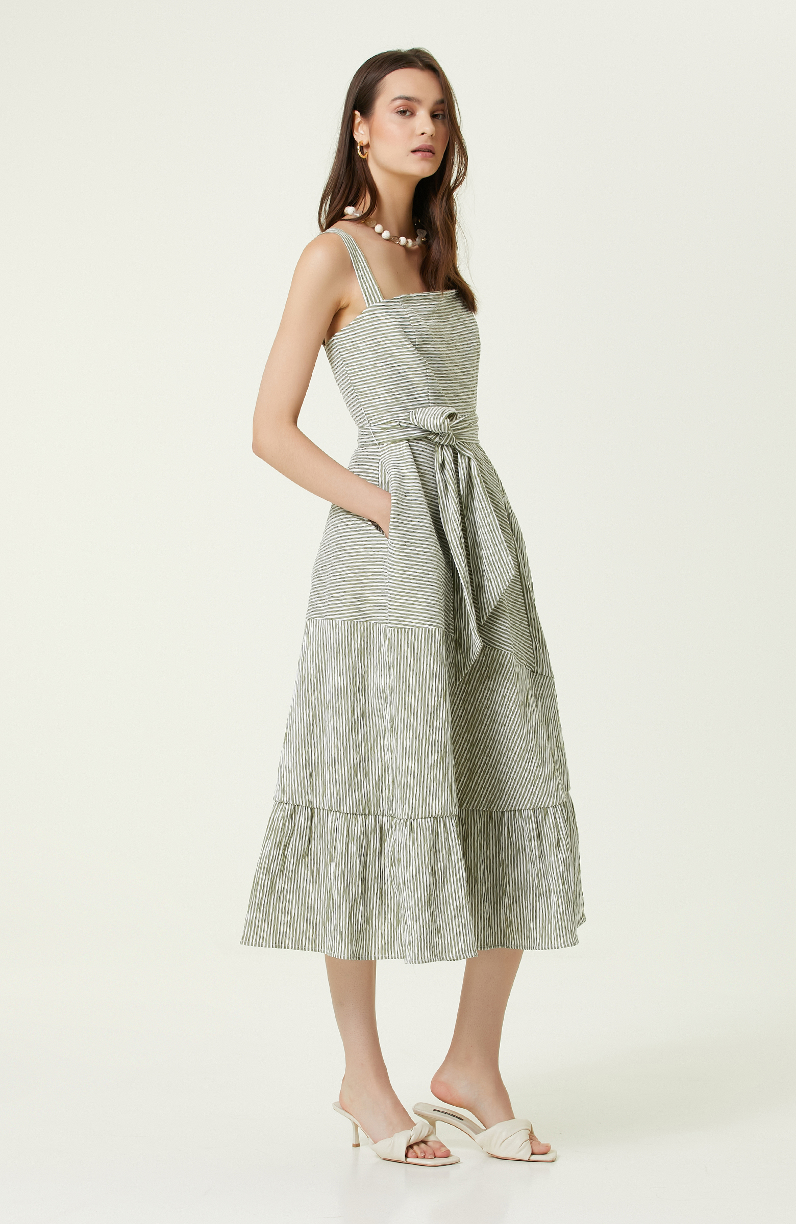 Ekru Haki Çizgili Uzun Elbise