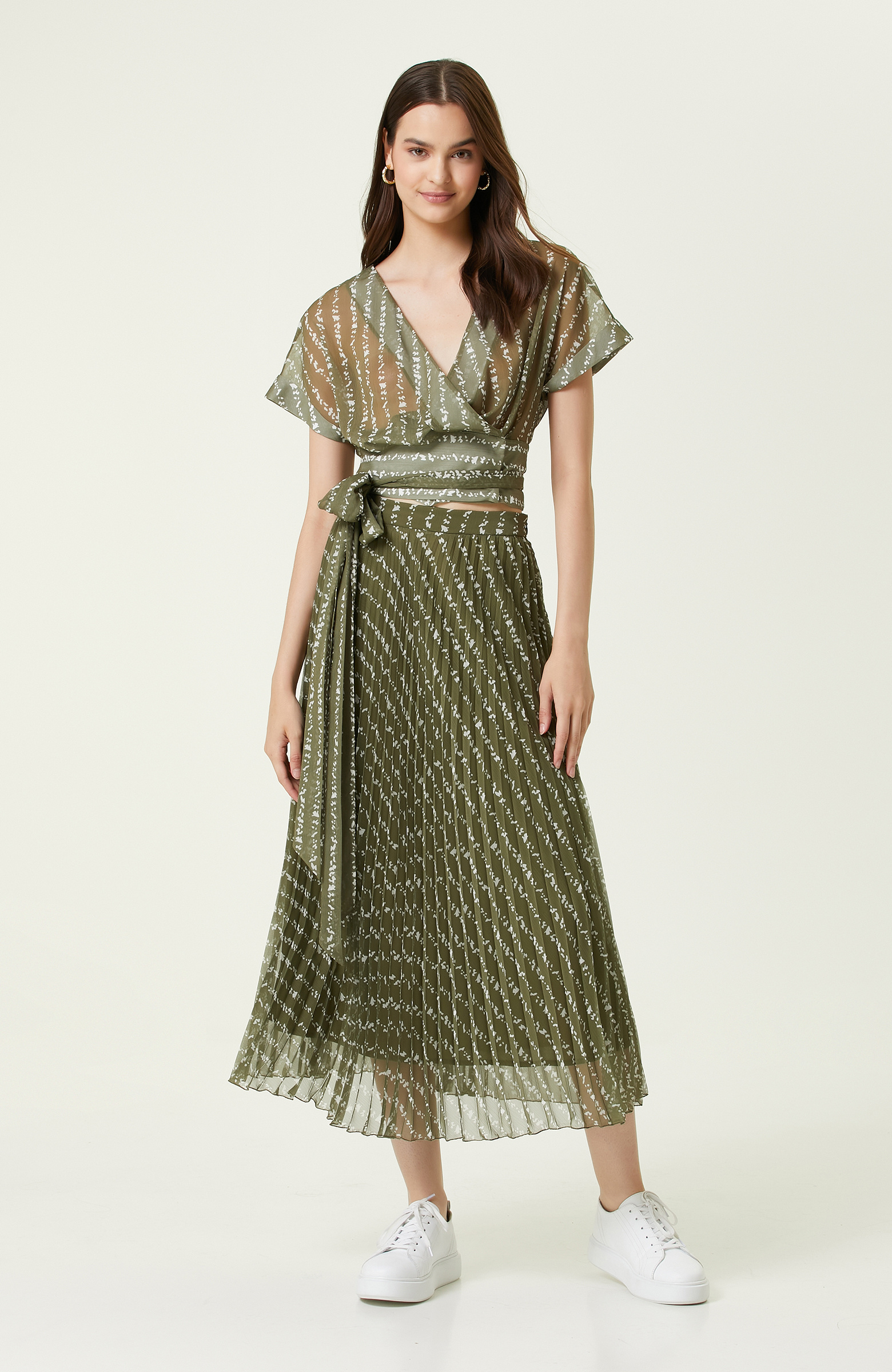 Haki Desenli Pilili Midi Etek