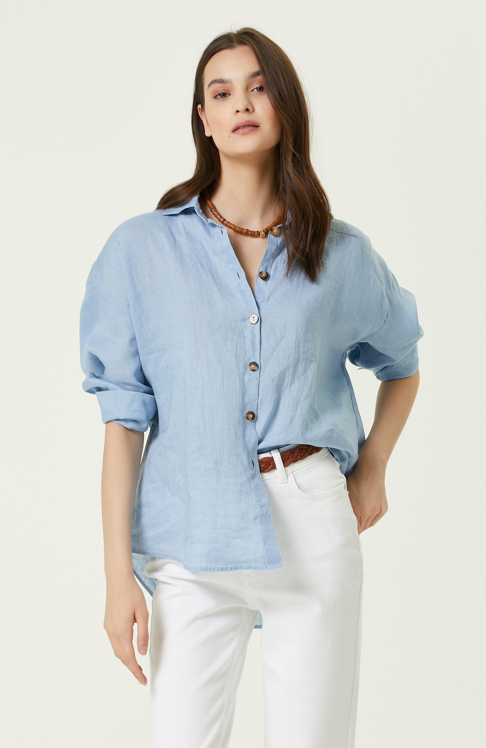 Regular Fit Açık Mavi Keten Gömlek Regular Fit Açık Mavi Keten Gömlek