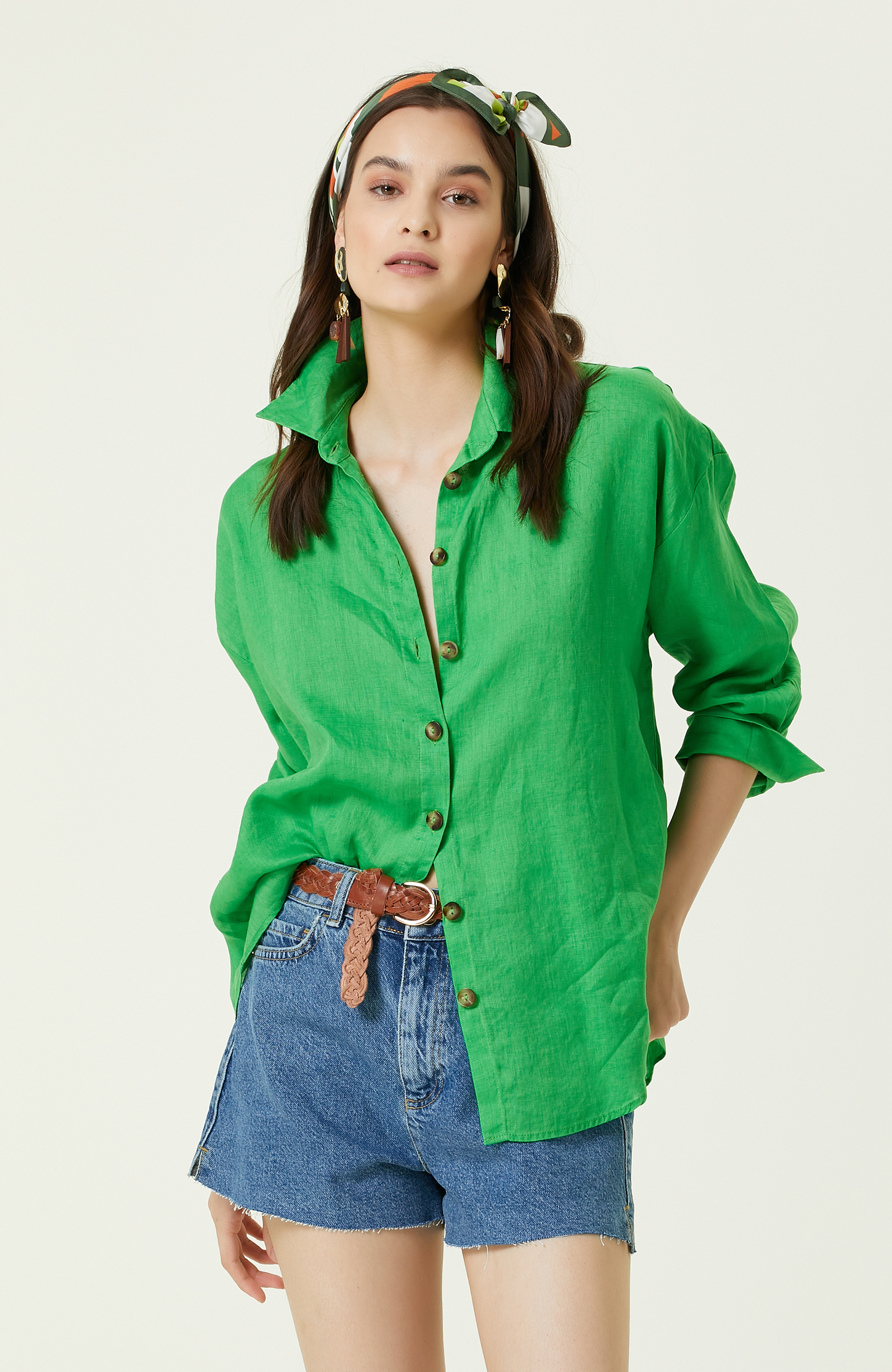 Regular Fit Koyu Yeşil Keten Gömlek Regular Fit Koyu Yeşil Keten Gömlek