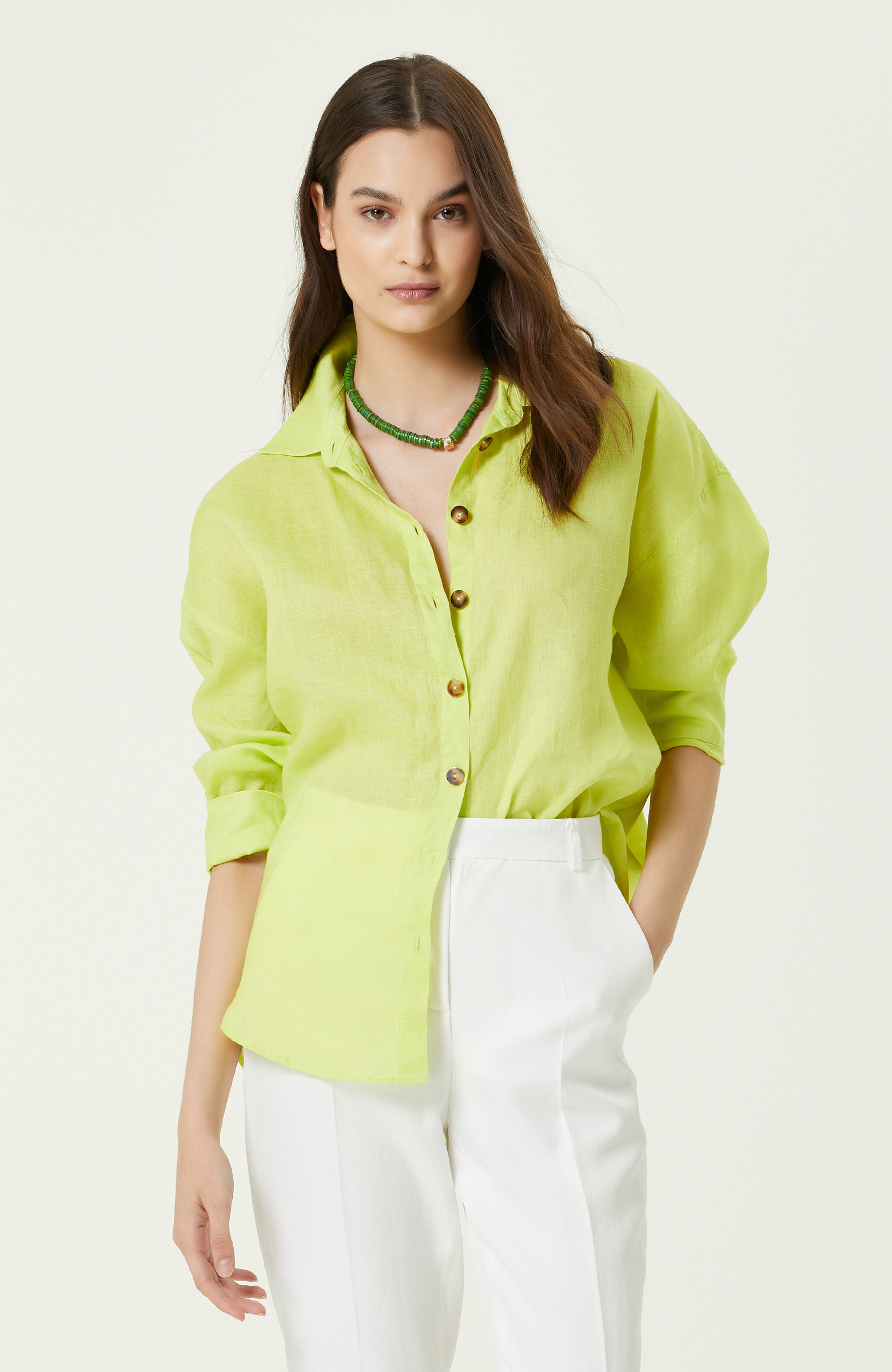 Regular Fit Neon Yeşil Keten Gömlek Regular Fit Neon Yeşil Keten Gömlek