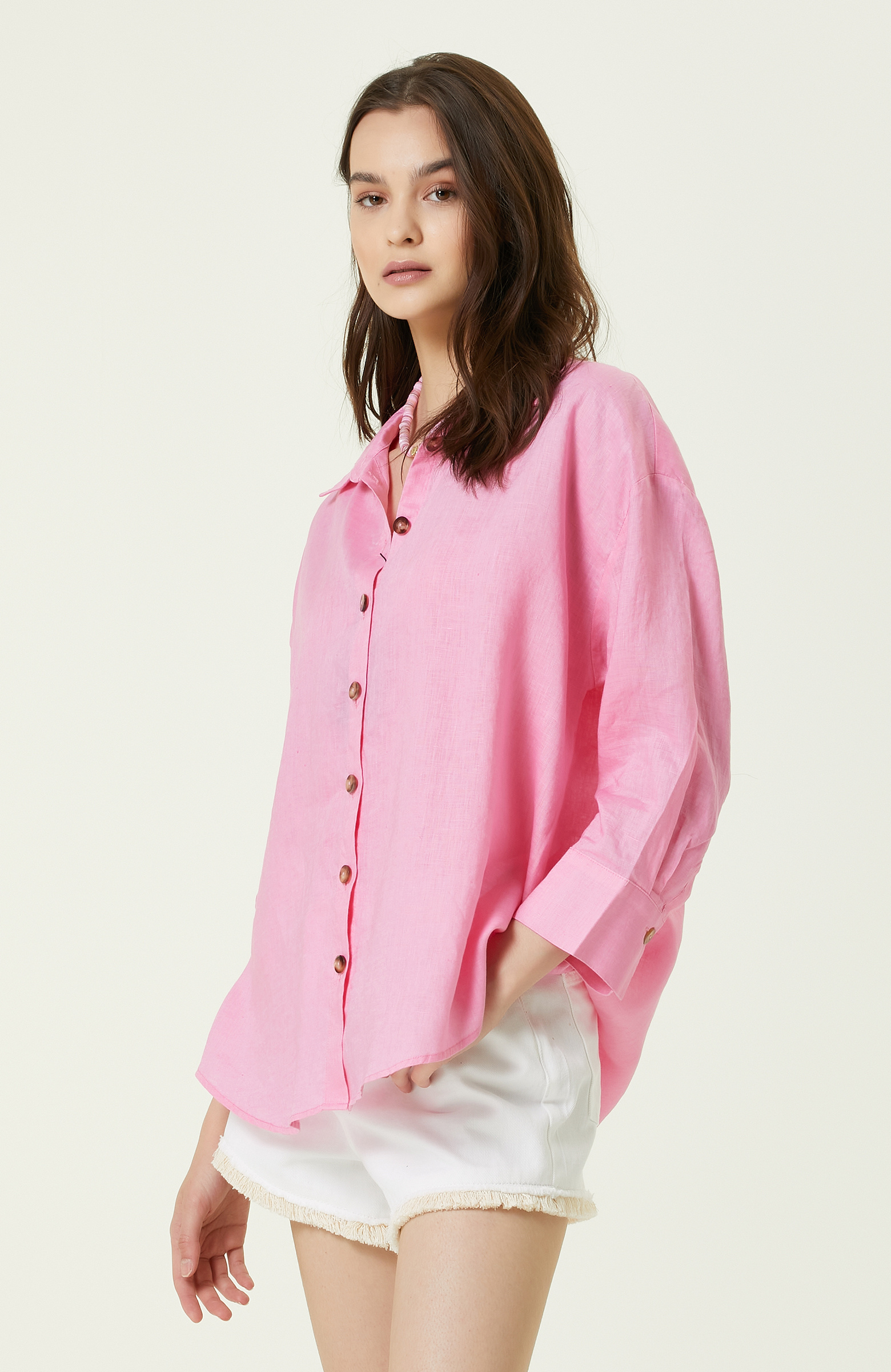 Regular Fit Toz Pembe Keten Gömlek