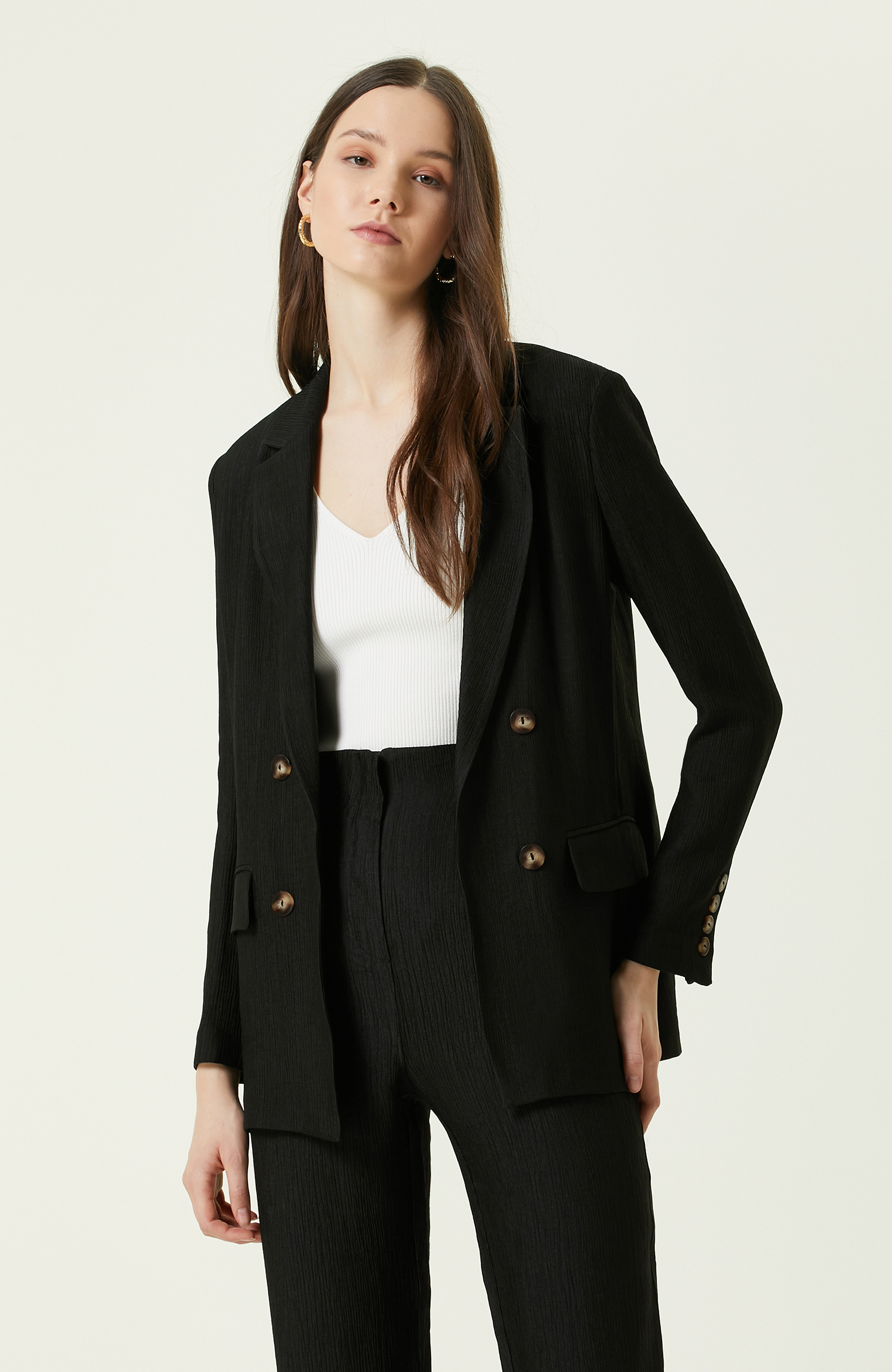 Slim Fit Siyah Crinkle Kumaş Ceket Slim Fit Siyah Crinkle Kumaş Ceket