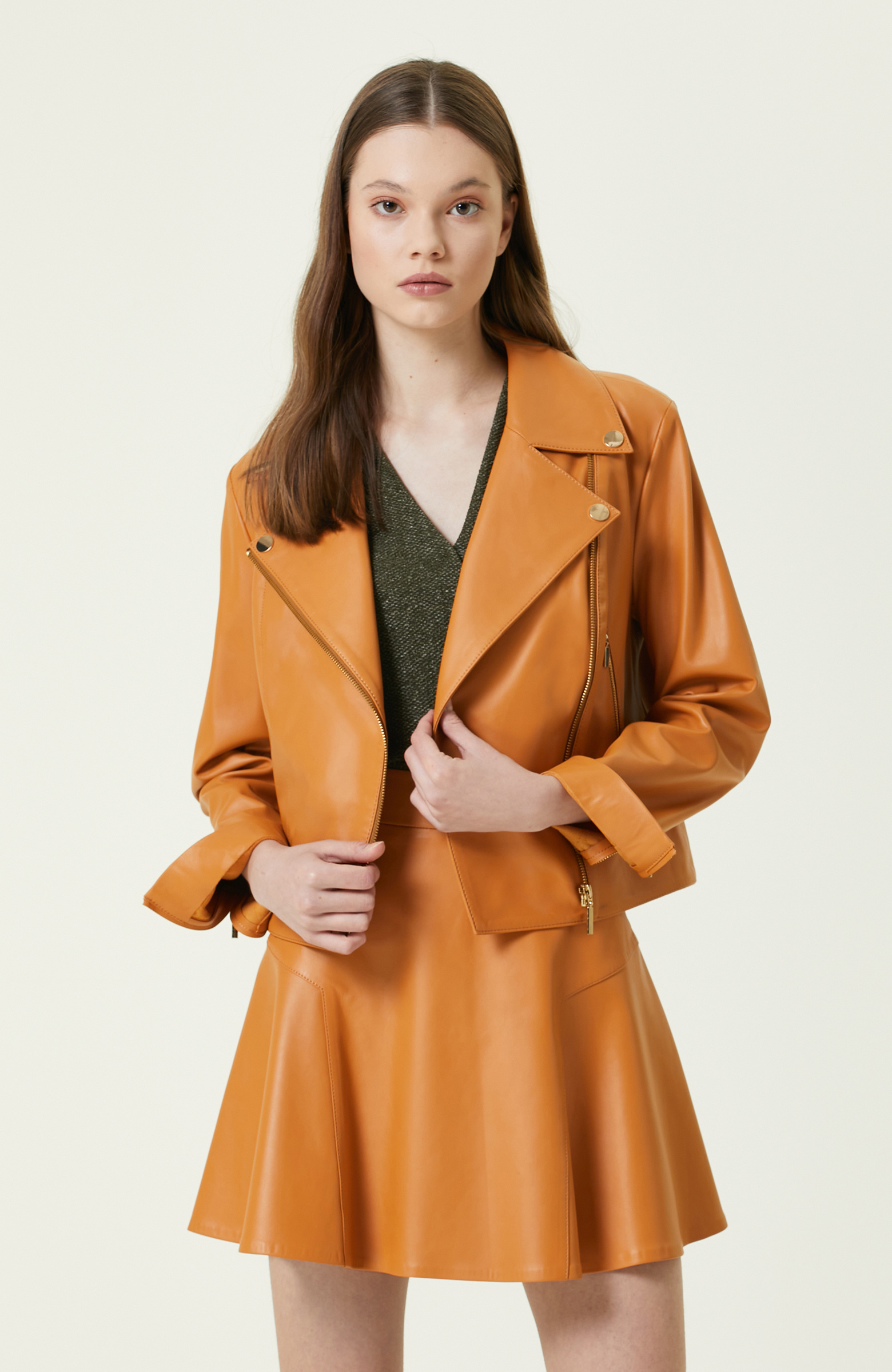 Slim Fit Taba Deri Mont